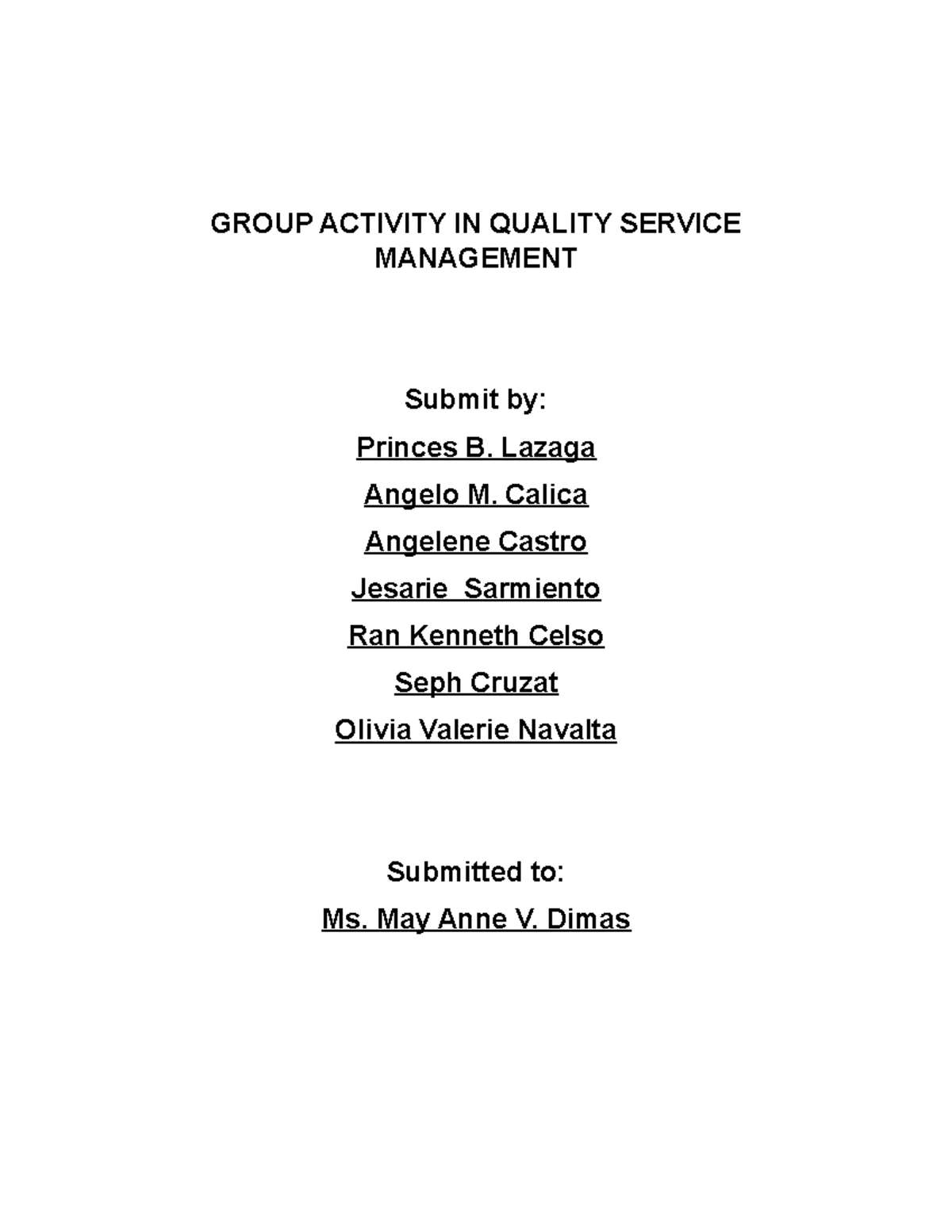 Group Activity IN Quality Service Management - GROUP ACTIVITY IN ...