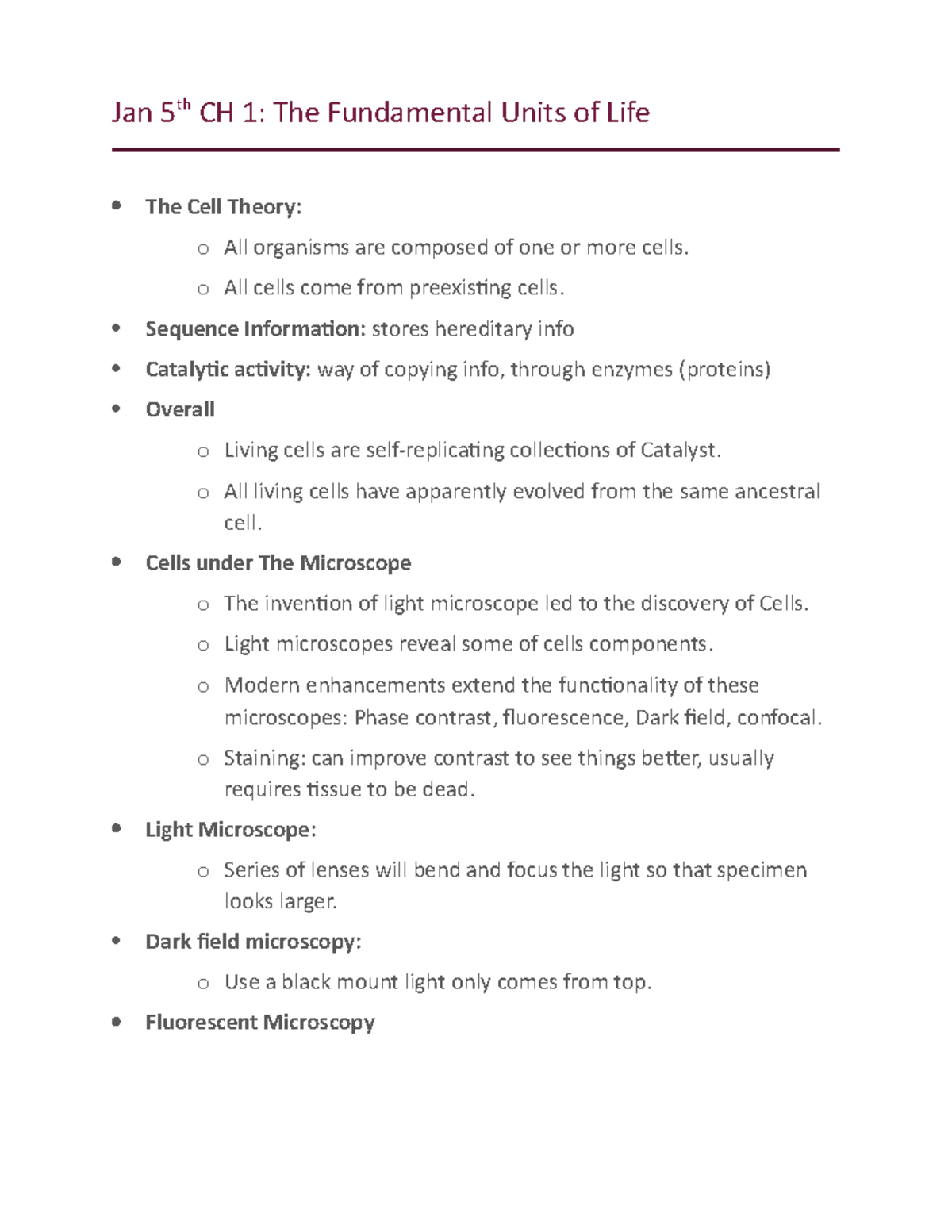Mocell notes chapter 1 - Jan 5th CH 1: The Fundamental Units of Life ...