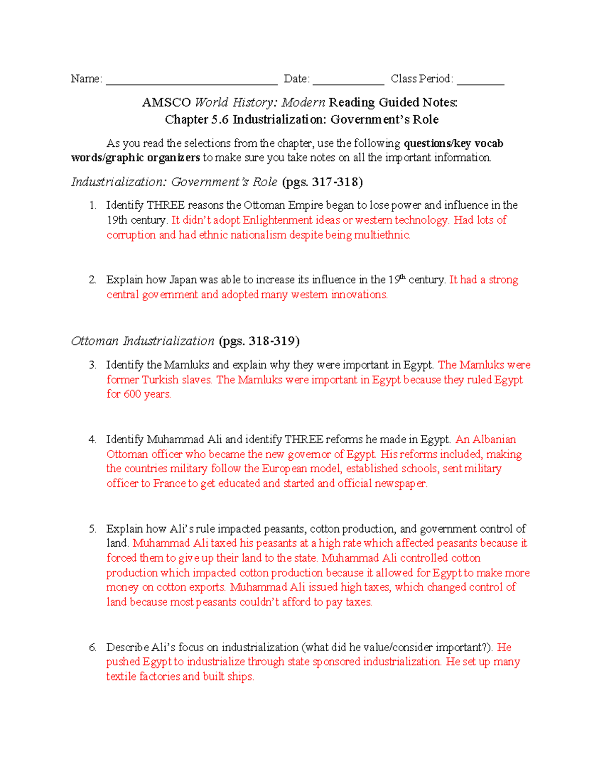 Amsco 5.6 5.7 5.8 Guided Reading Questions - Name ...