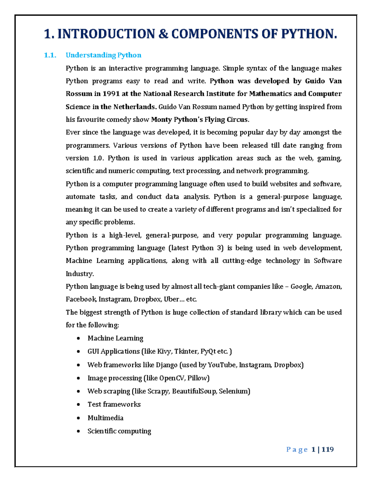 1. Introduction & Components of Python - 1. INTRODUCTION & COMPONENTS OF PYTHON. 1. - Studocu