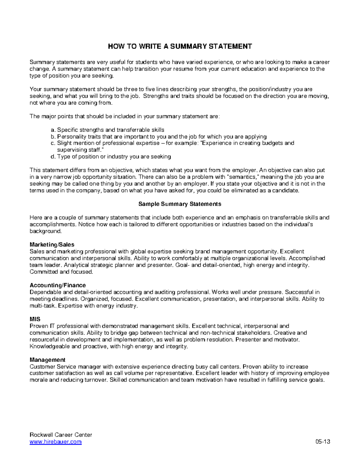 How to Write a Summary Statement - HOW TO WRITE A SUMMARY STATEMENT Summary statements are very ...