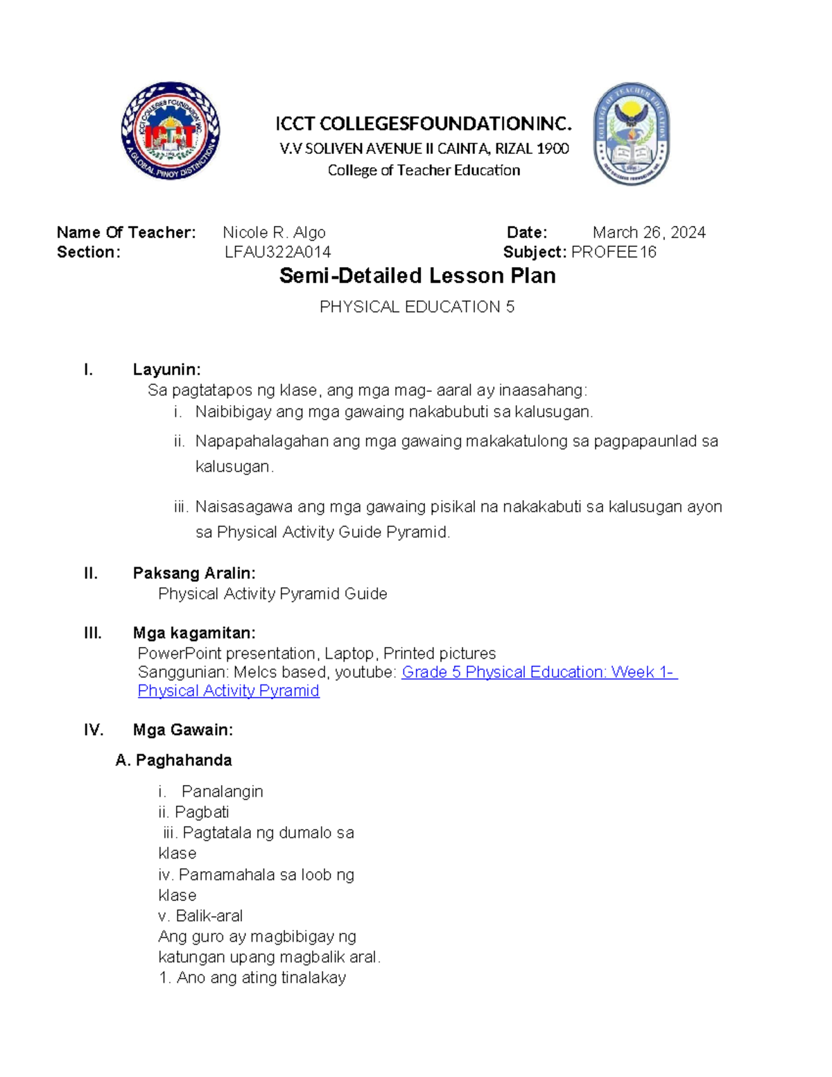 Final-lp-algo - ICCT COLLEGESFOUNDATIONINC. V SOLIVEN AVENUE II CAINTA ...