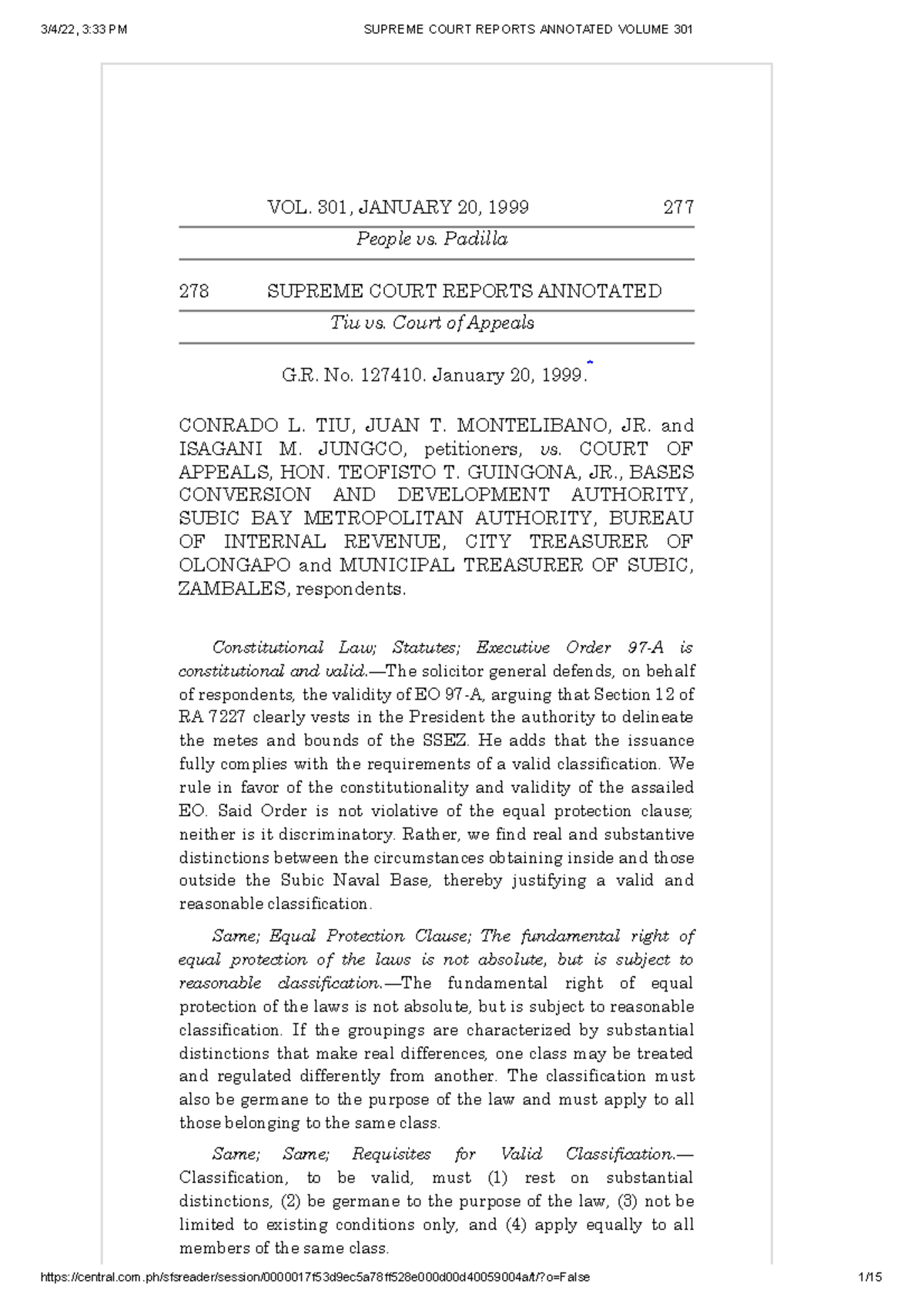 Tiu v. CA, 301 SCRA 278 - Lecture notes 1-1 - VOL. 301, JANUARY 20 ...