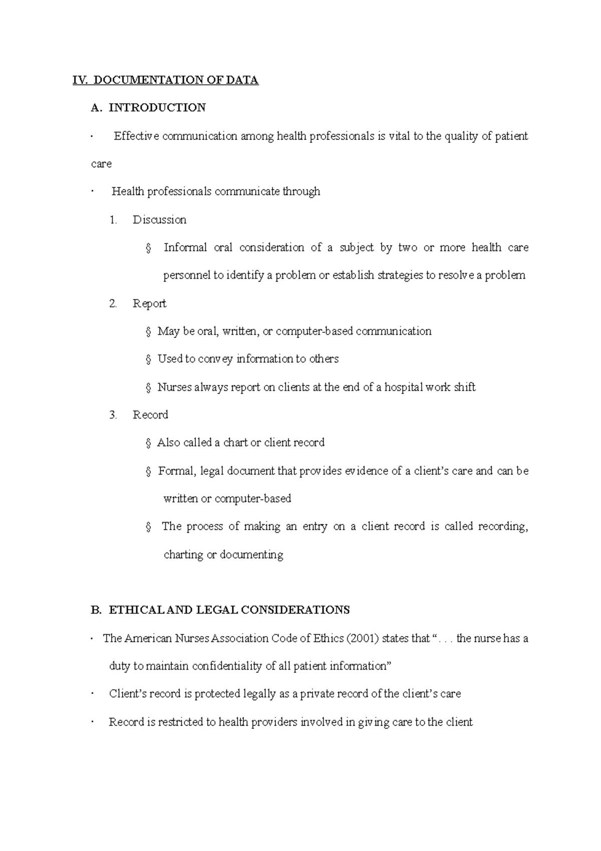 Written Report of Oral Presentation - IV. DOCUMENTATION OF DATA A ...