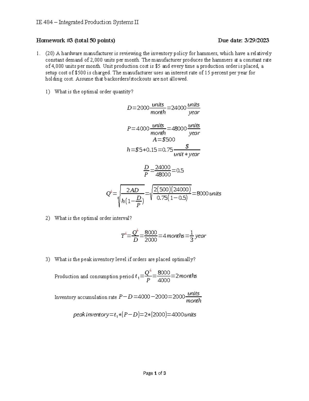 HW3 Solution - IE 484 – Integrated Production Systems II Homework #3 ...