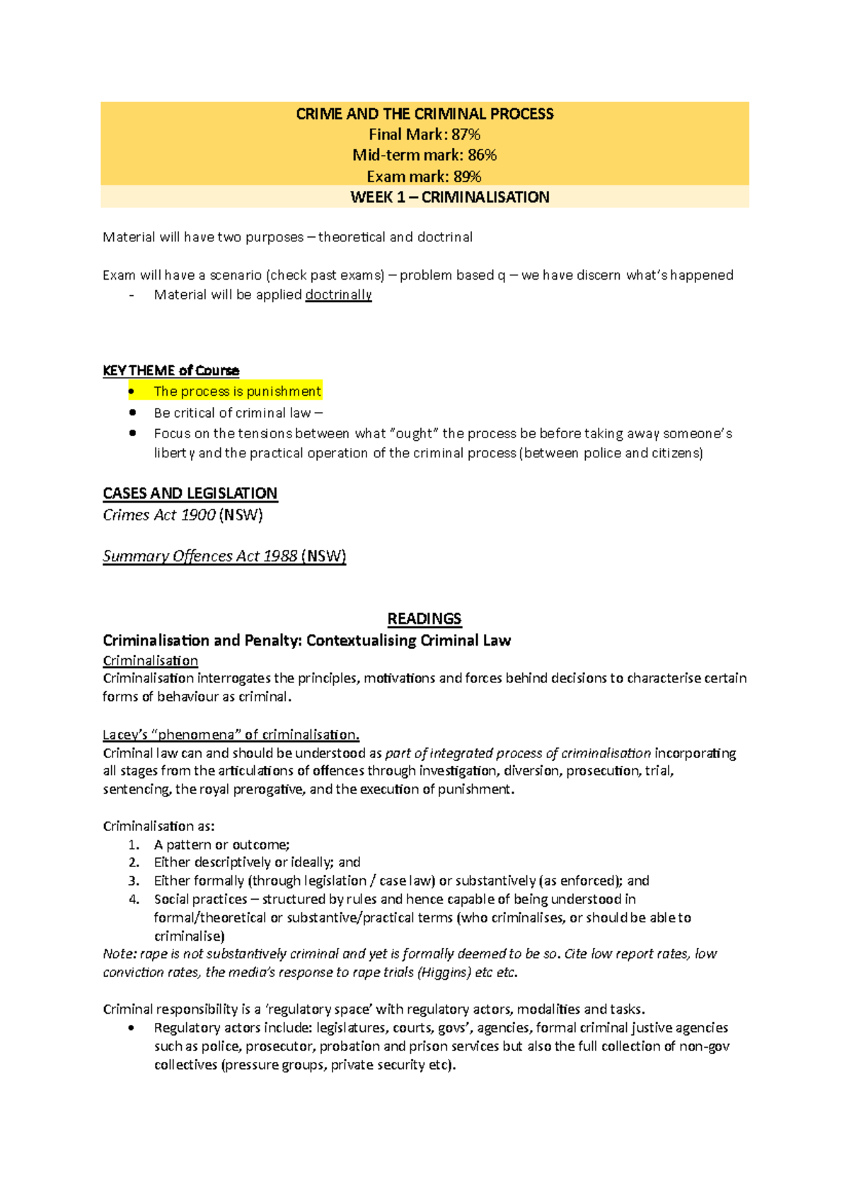 CCP Full set of notes - CRIME AND THE CRIMINAL PROCESS Final Mark: 87% ...