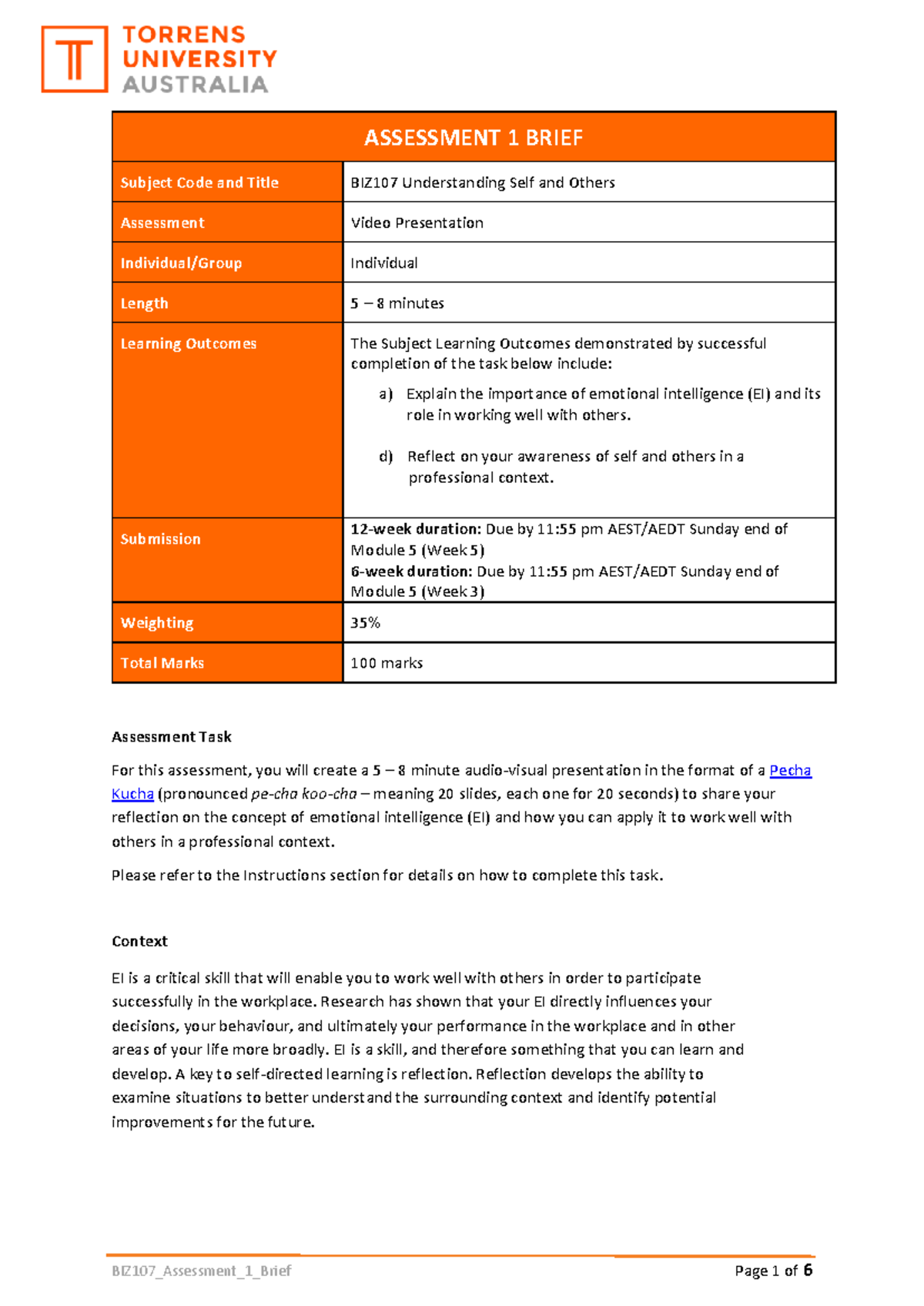 BIZ107 Assessment 1 Brief - ASSESSMENT 1 BRIEF Subject Code and Title ...