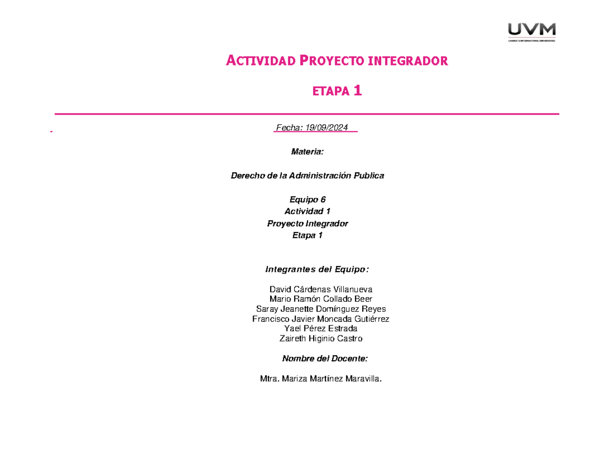 A1 EQP6 - apunte de estudio - ACTIVIDAD PROYECTO INTEGRADOR ETAPA 1 Fecha: 1 9 /09/ Materia ...