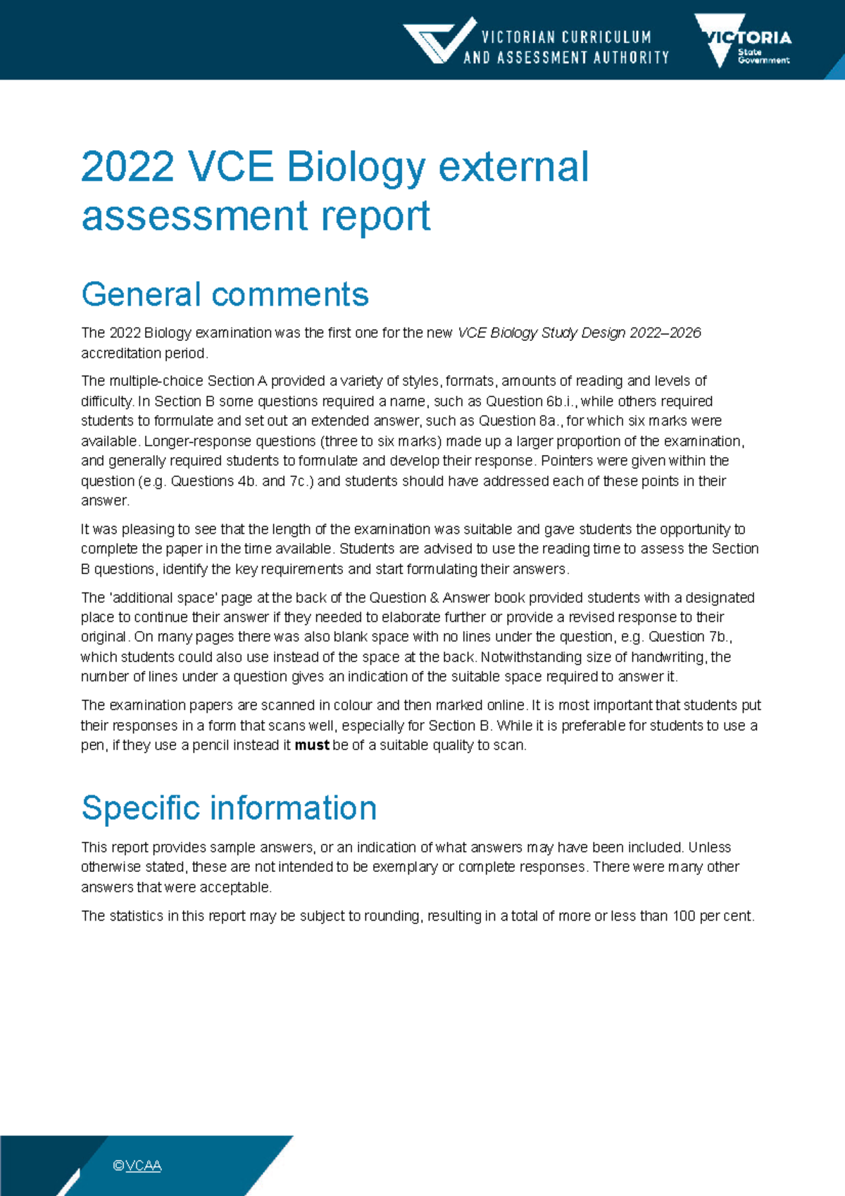 bio report 2022 - 2022 VCE Biology external assessment report General ...
