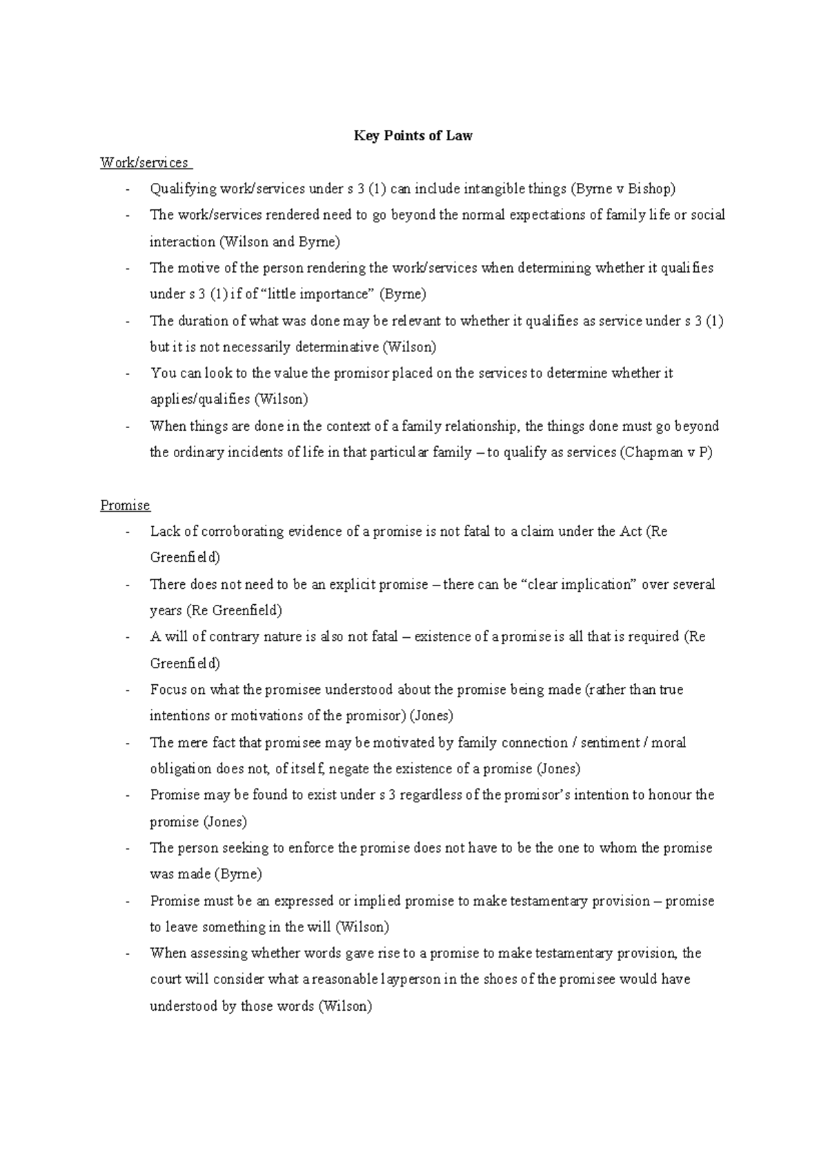 Testamentary Promises Key Points of Law - Key Points of Law Work ...