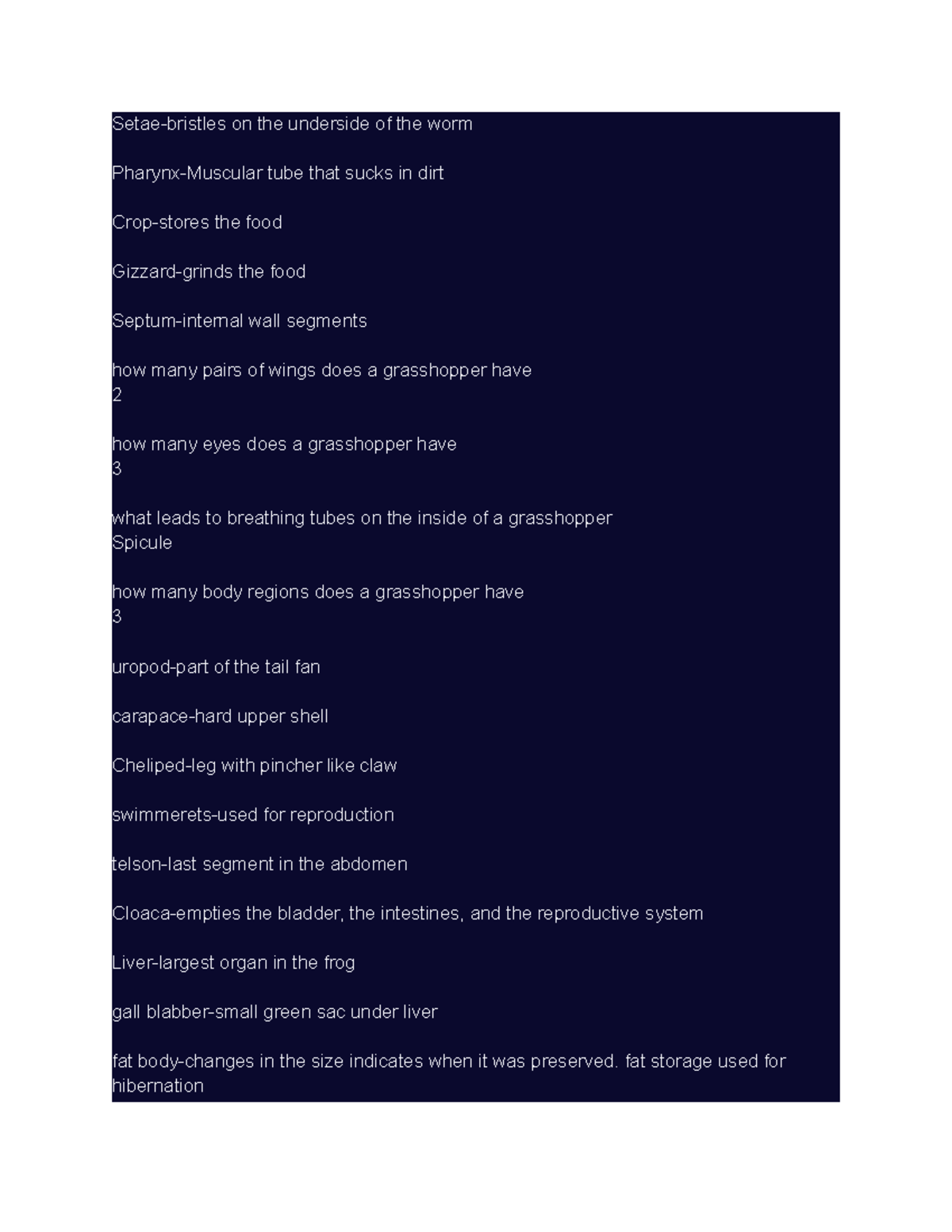 Biology lab test - lab test notes - Setae-bristles on the underside of ...