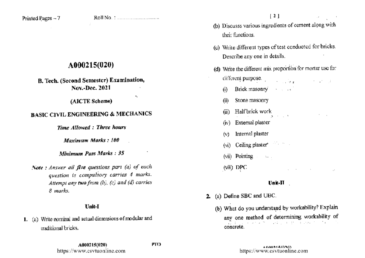 Basic Civil Engg. -Question paper - B TECH Civil Engineering - Studocu