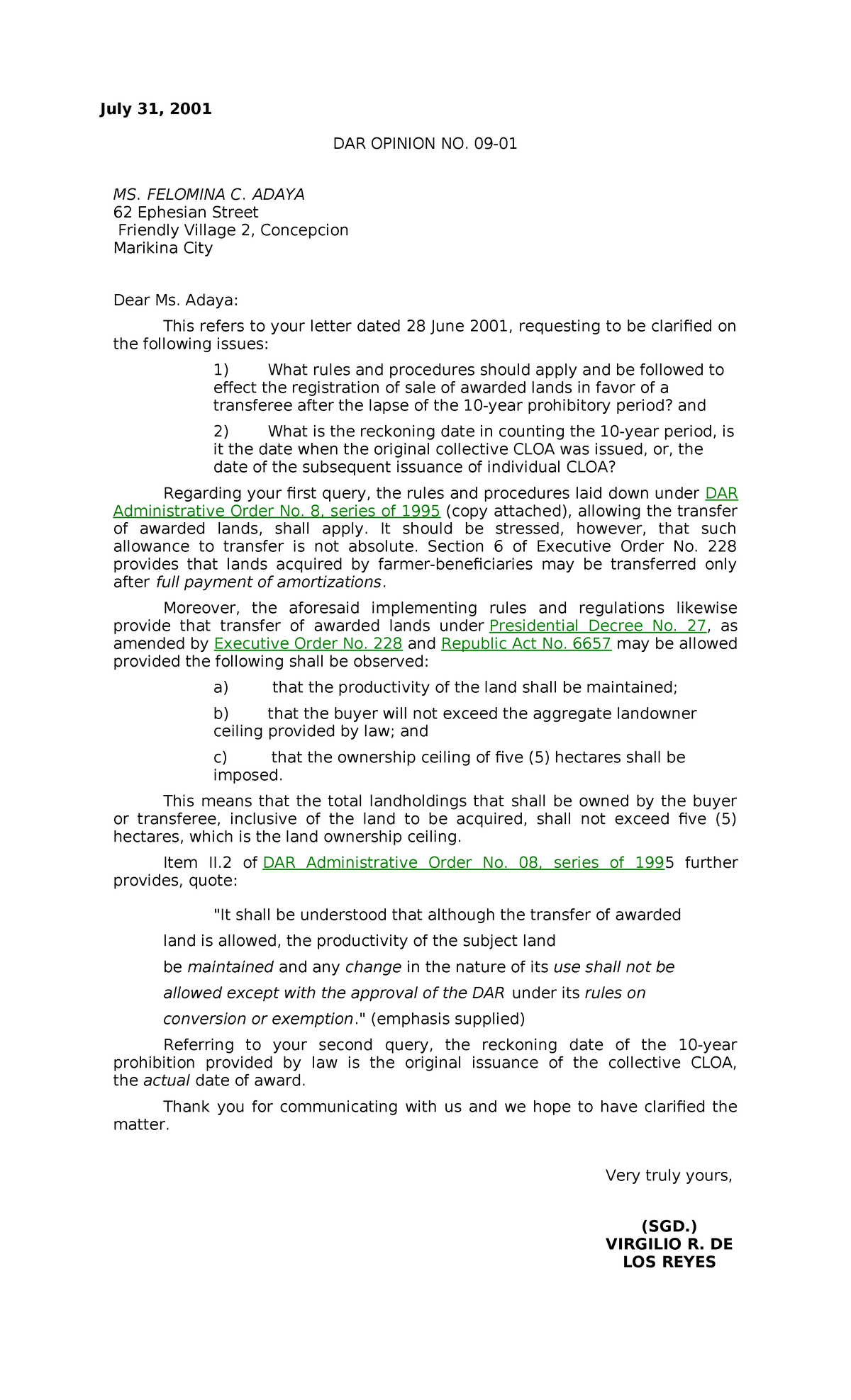 DAR Opinion - aasasa - July 31, 2001 DAR OPINION NO. 09- MS. FELOMINA C ...