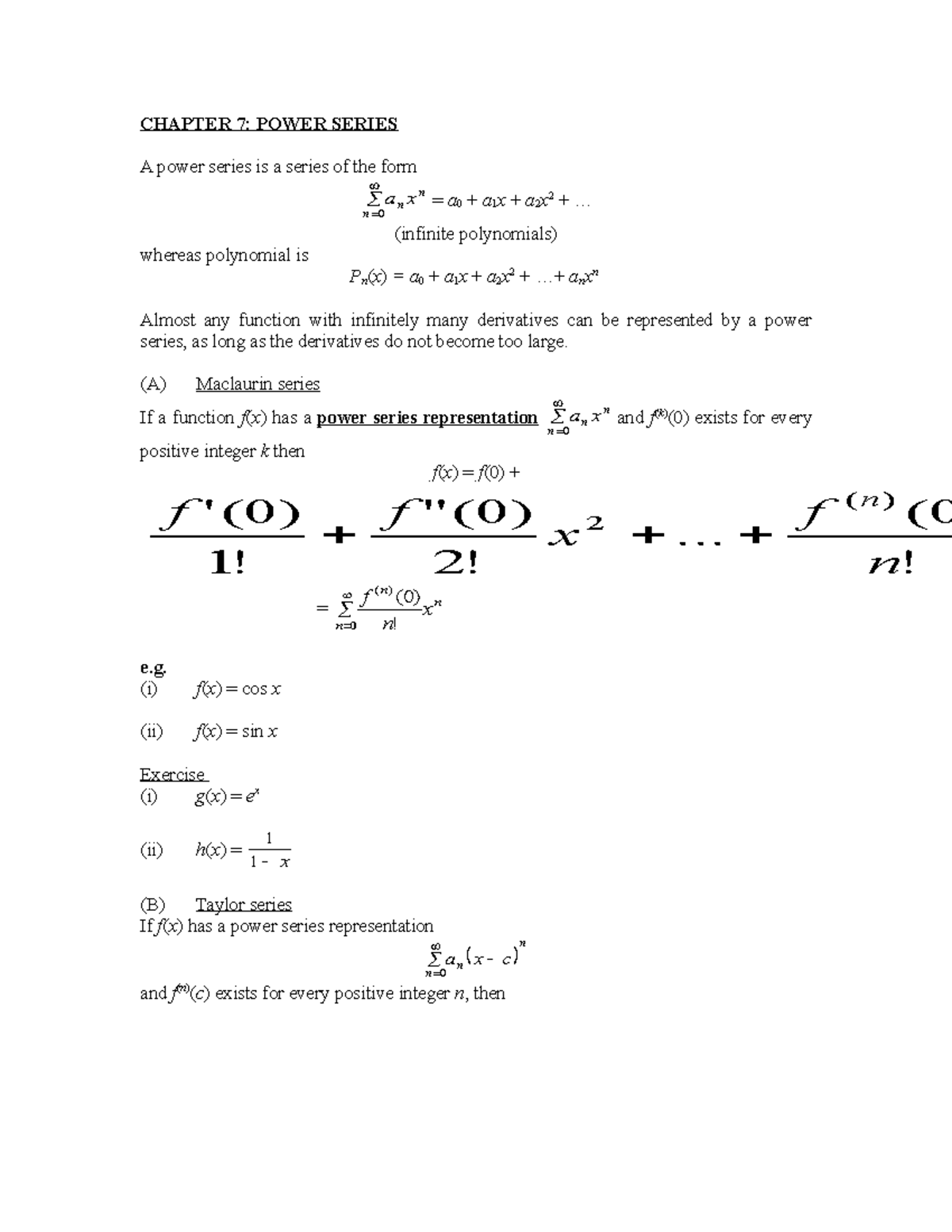 Chapter 7 - Lecture notes 7 - CHAPTER 7: POWER SERIES A power series is ...