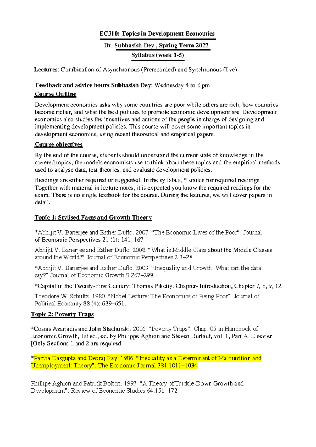 EC310 Syllabus lecture 1-5 - EC310: Topics in Development Economics Dr ...