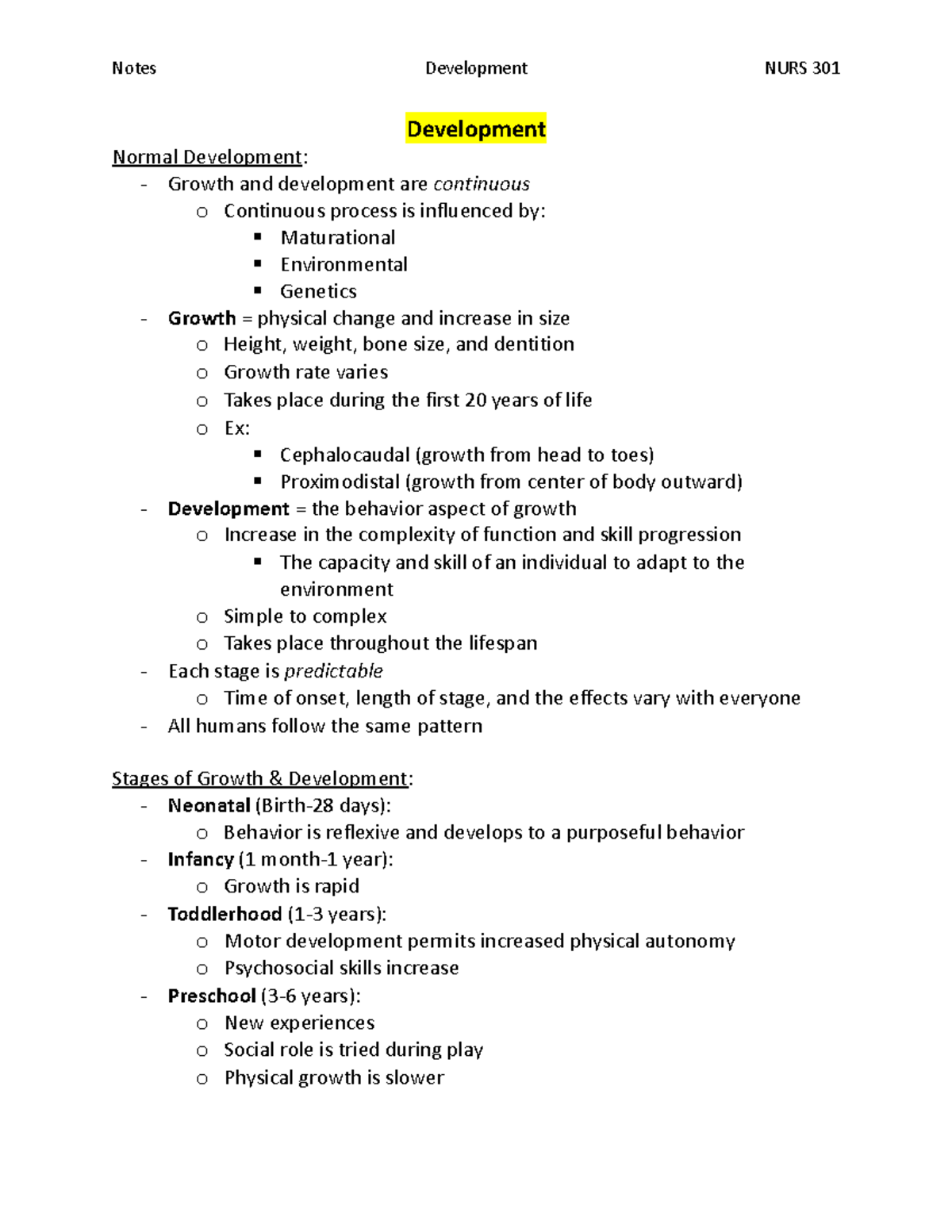 Development Outline Notes - Development Normal Development: - Growth ...