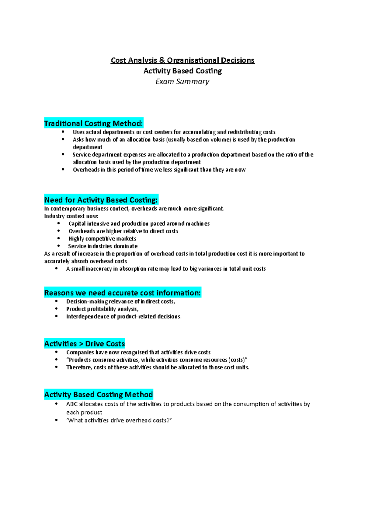 Activity Based Costing Summary - Cost Analysis & Organisational ...
