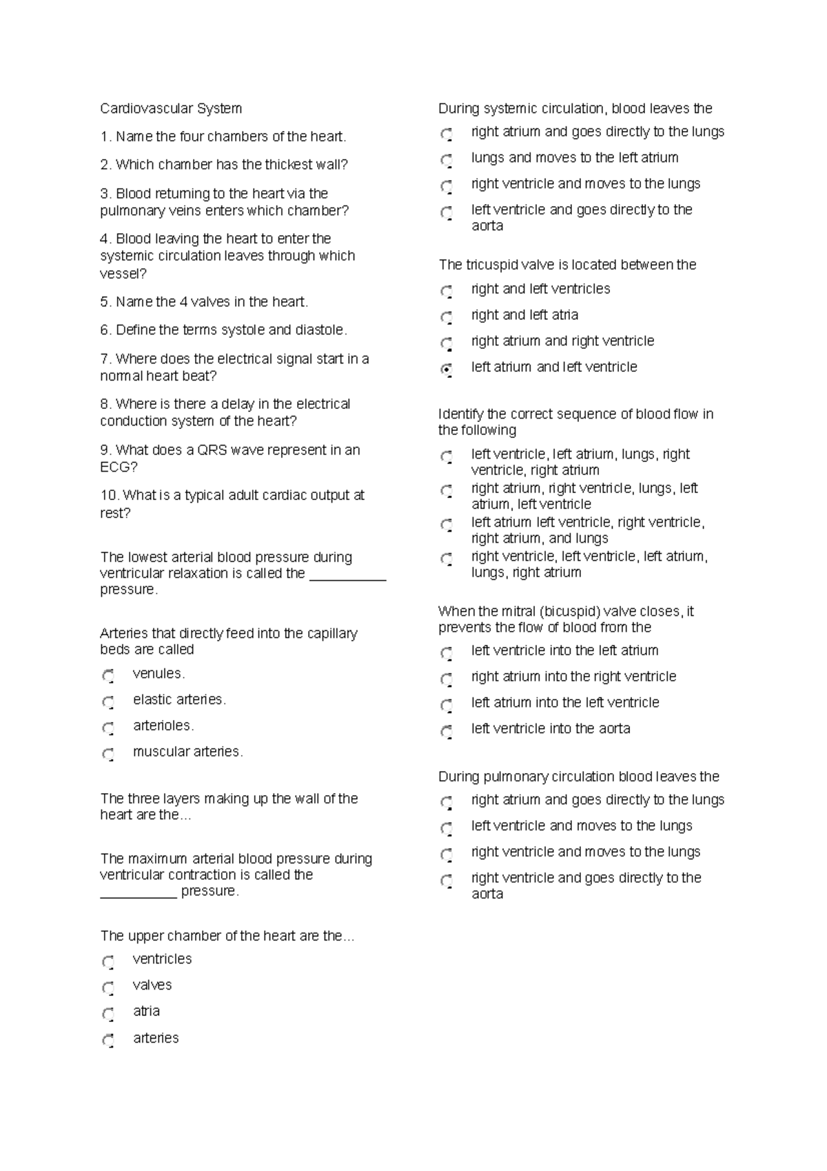 Final Exam 2018, questions - Cardiovascular System Name the four ...