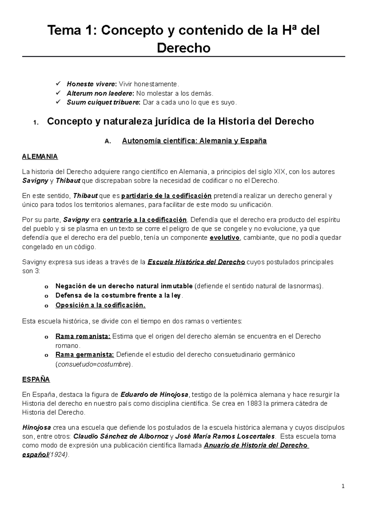TEMA 1 - Apuntes 1 - Tema 1: Concepto y contenido de la Hª del Derecho ...