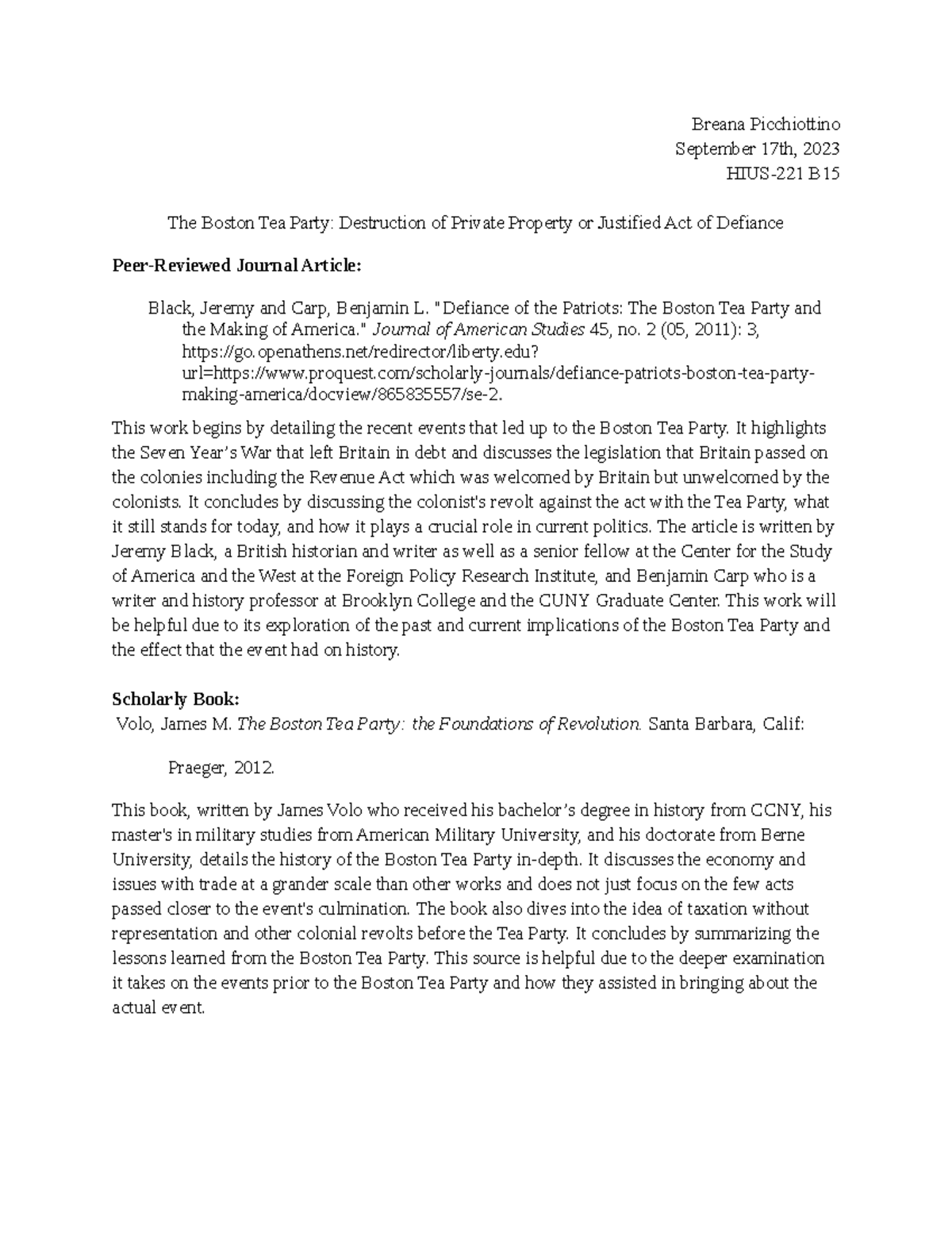 Annotated Bibliography Assignment - Breana Picchiottino September 1 7 ...