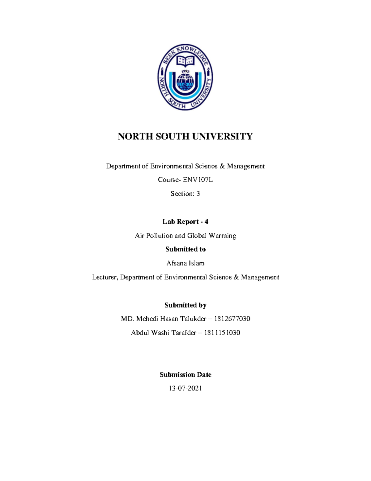 Lab-Report-4 - Environmental Science Lab work-Practical - NORTH SOUTH ...