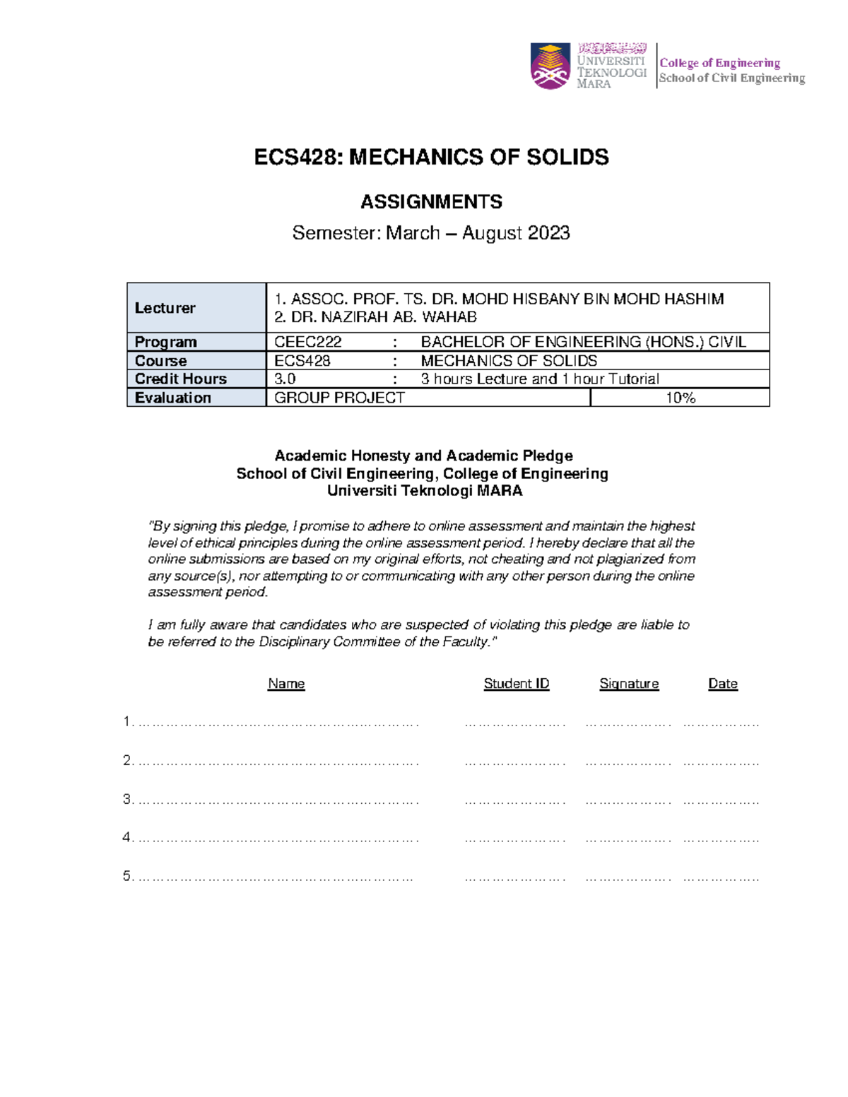 ECS428 assignment - P A G E 2 School of Civil Engineering ECS428: MECHANICS OF SOLIDS ...
