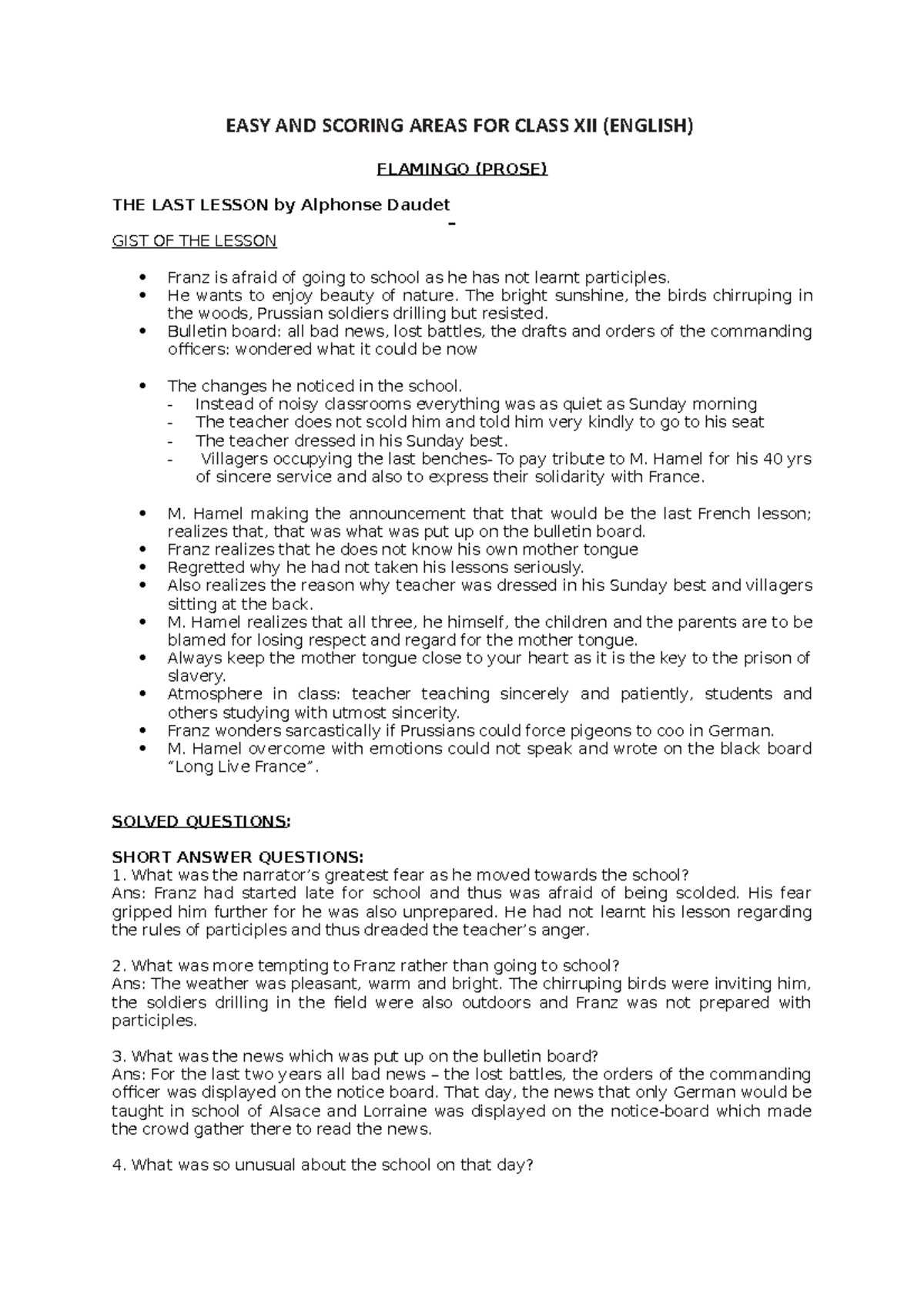 Flamingo - EASY AND SCORING AREAS FOR CLASS XII (ENGLISH) FLAMINGO ...