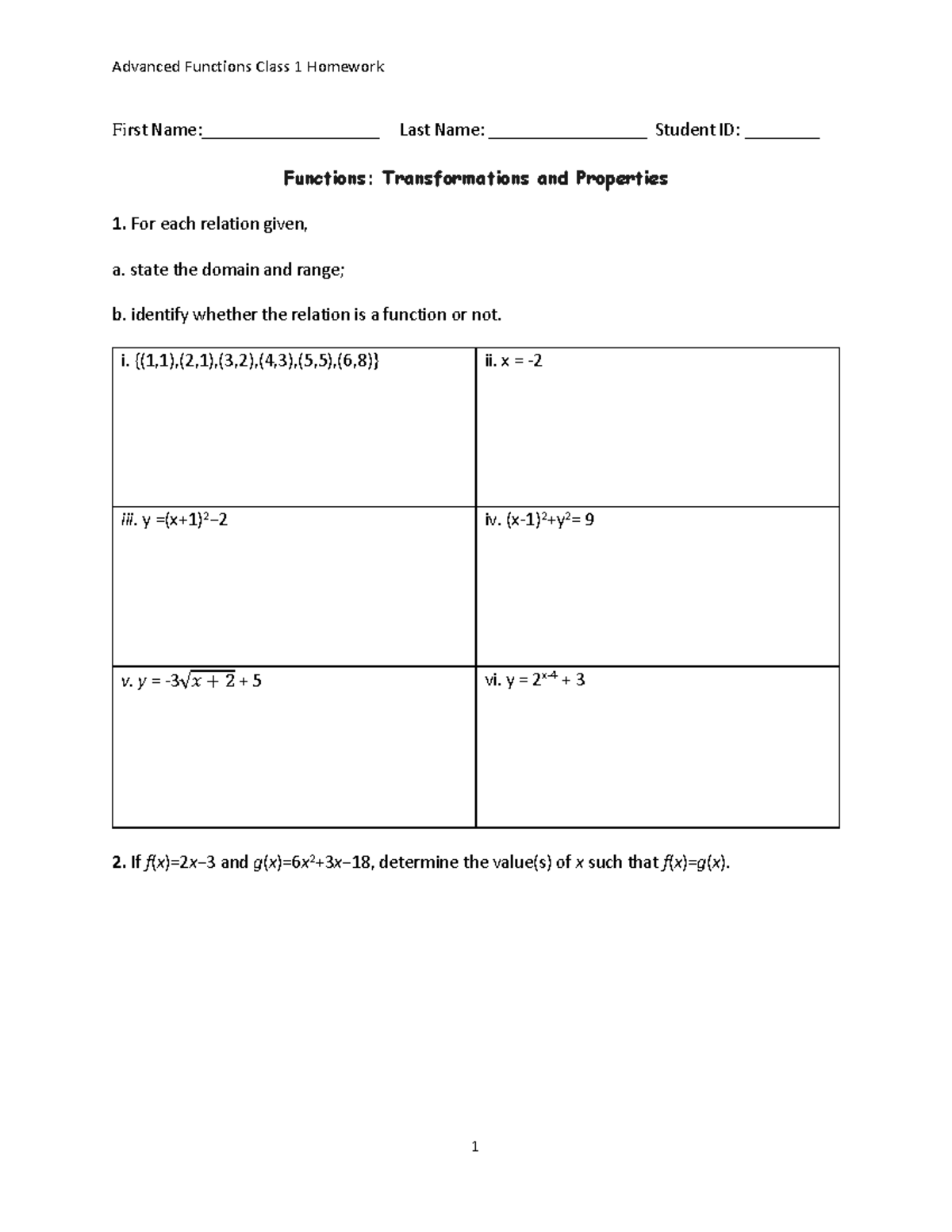 Class 01 Advanced Functions Homework July 03-08 - First Name ...