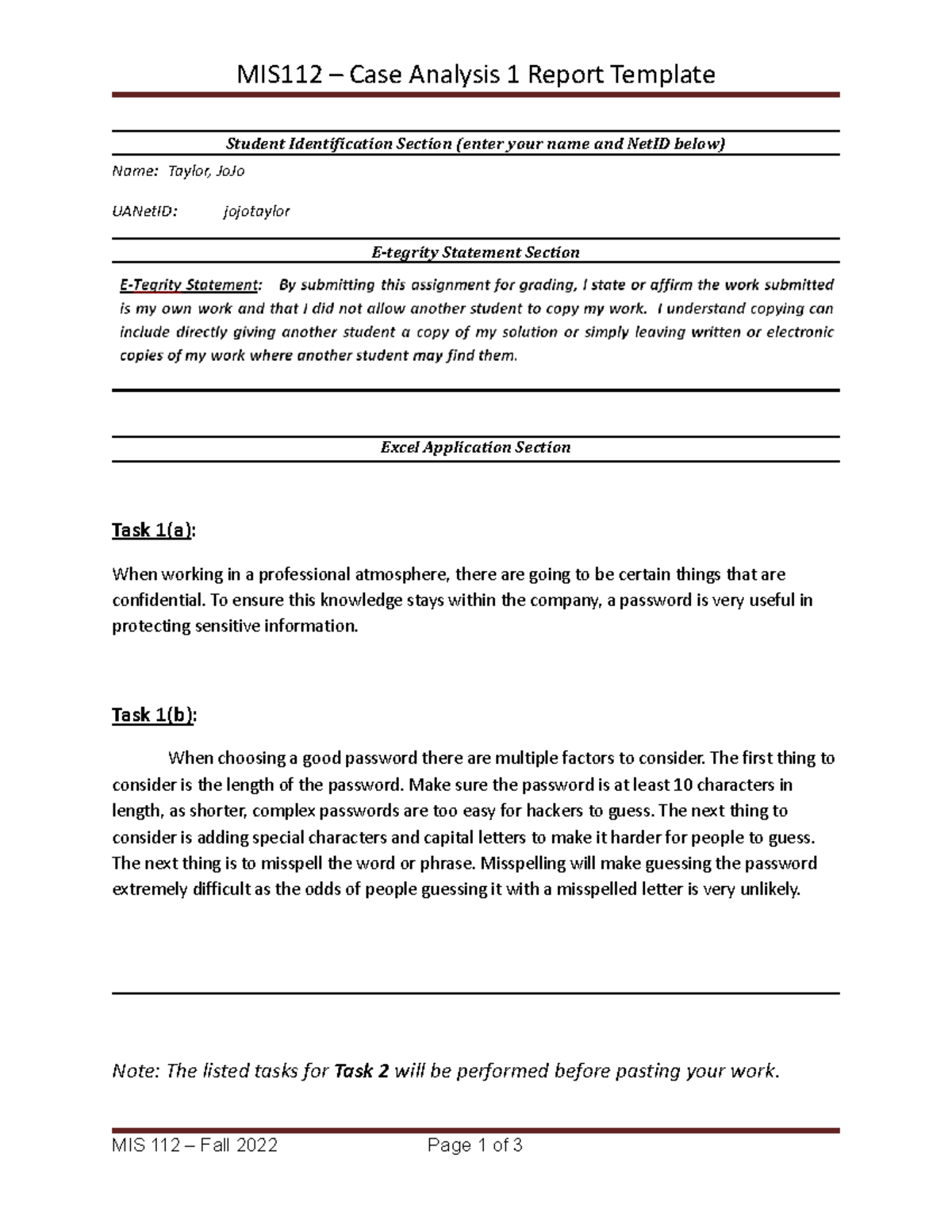 CA1 Template Jo Jo Taylor - MIS112 – Case Analysis 1 Report Template Student Identification ...