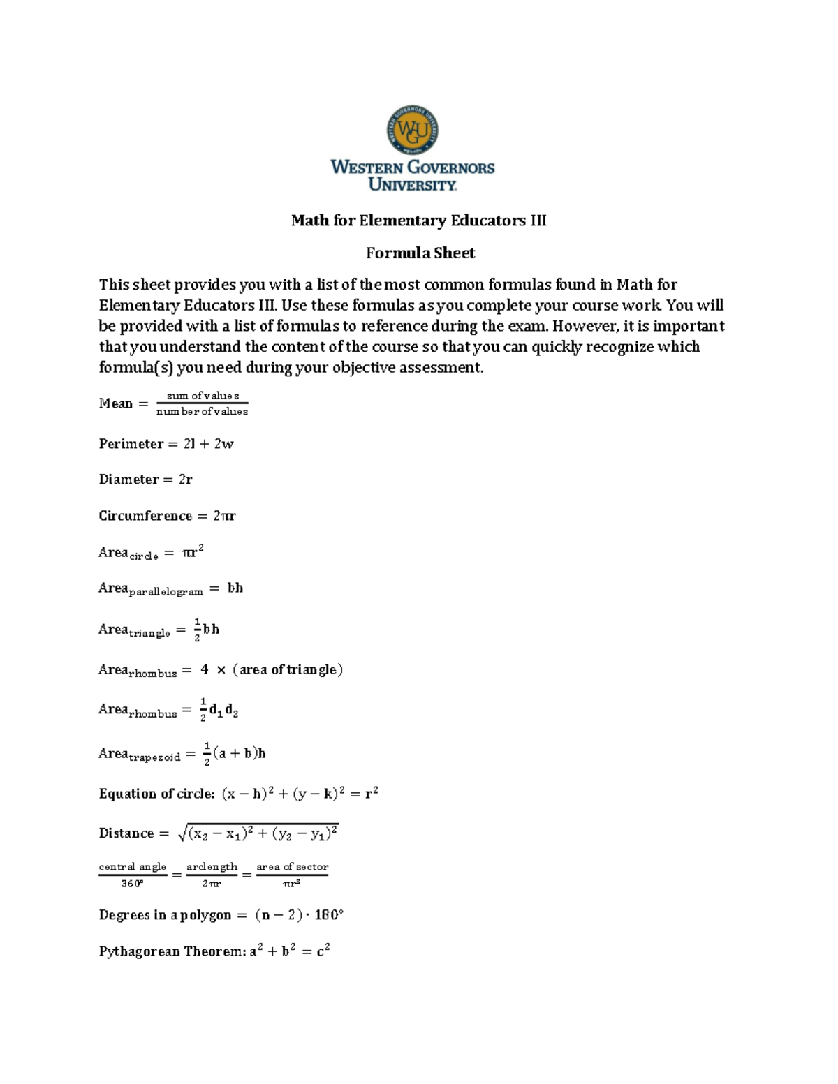 C-462 formula sheet for Mathematics for Educators. - Math for ...