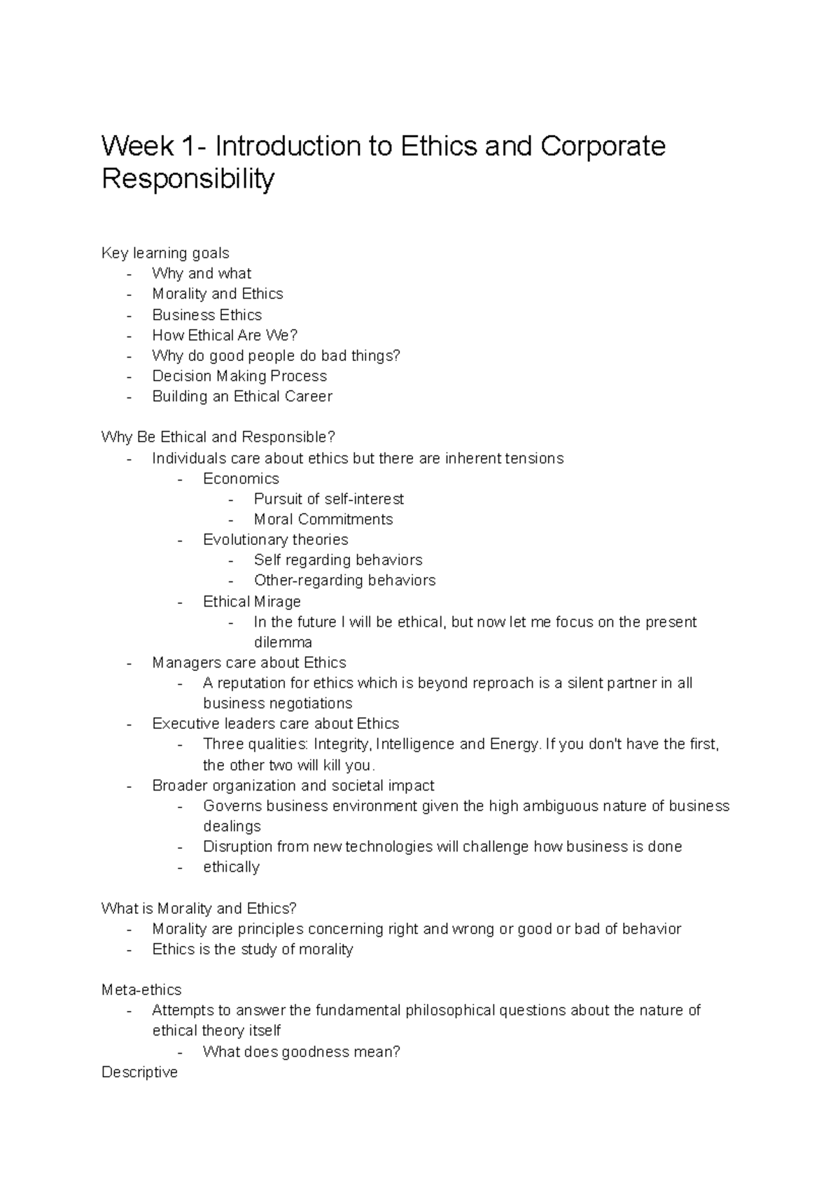 Ethics Notes - Week 1- Introduction to Ethics and Corporate ...