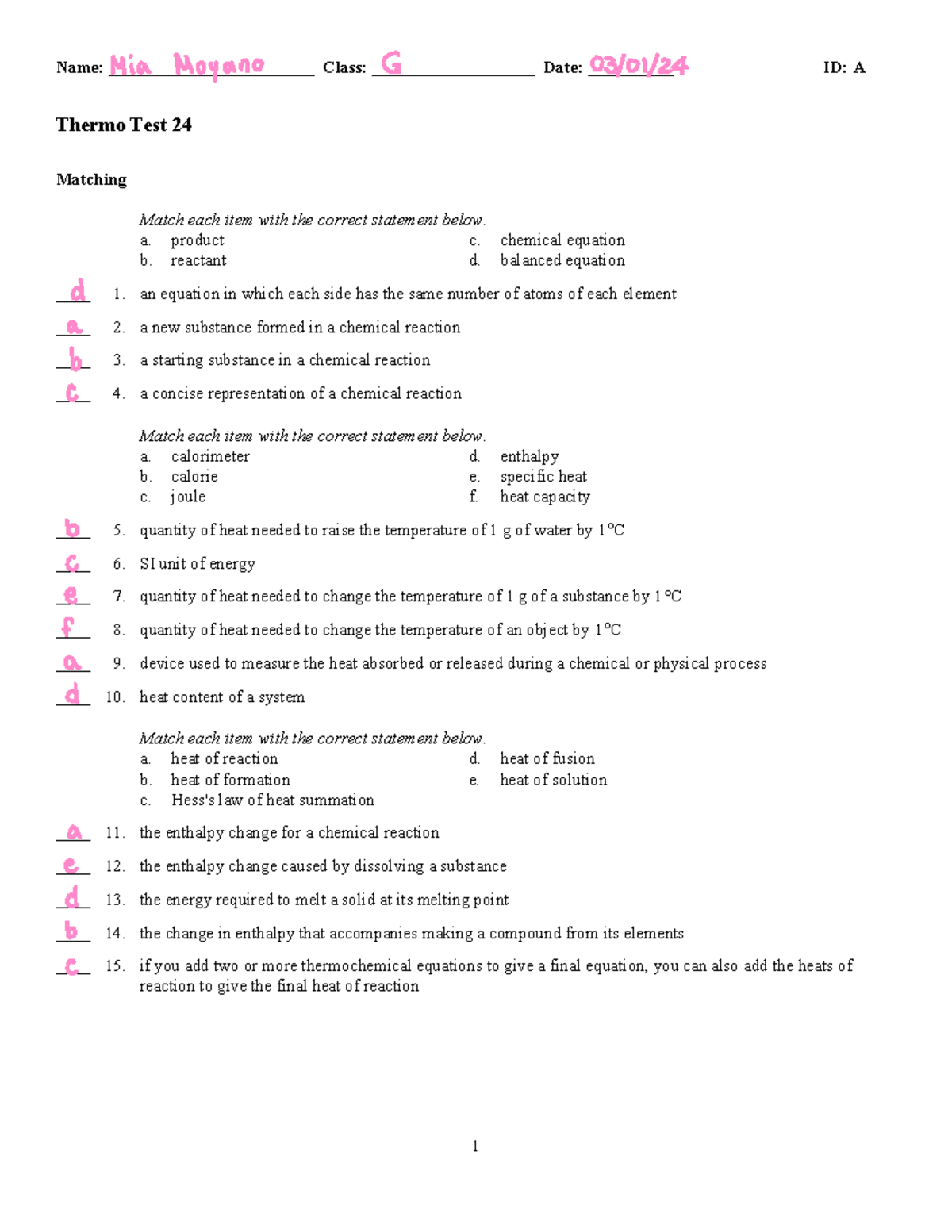 Unit 7 Test - unit 7 chemistry test - Name ...
