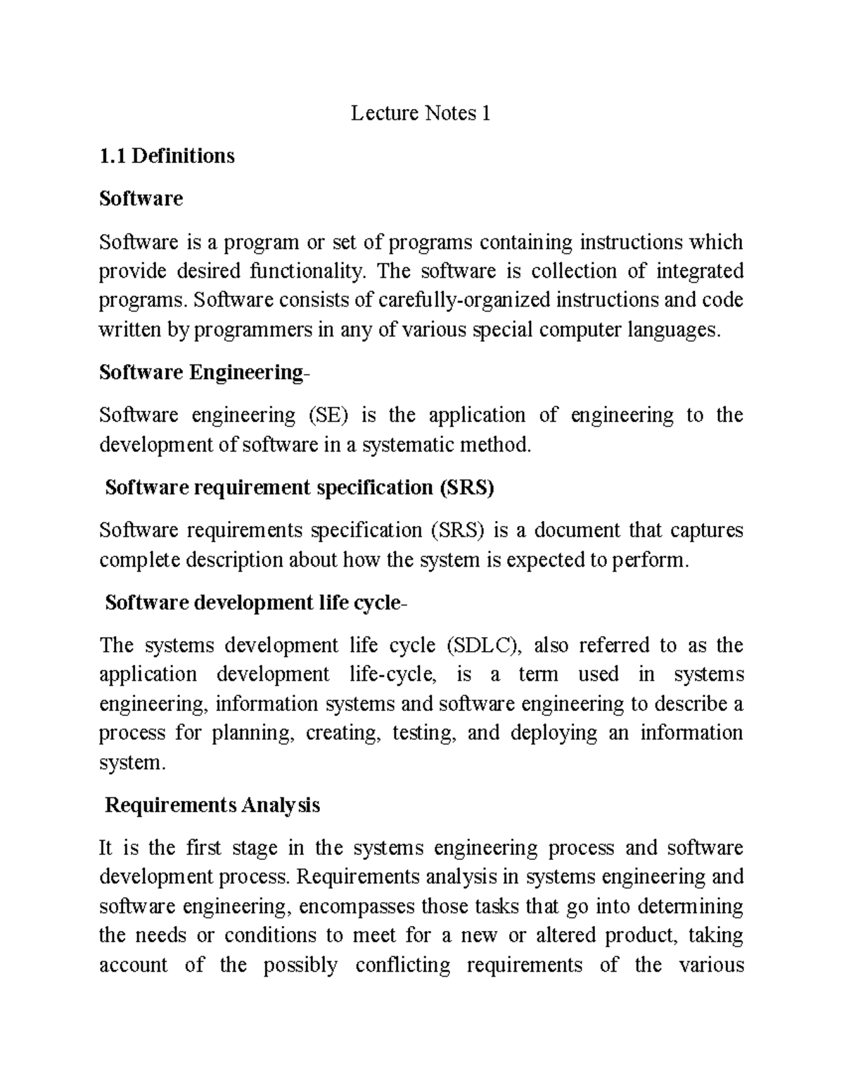 1 Notes Of Unit 1 Lecture Notes 1 1 Definitions Software Software Is A Program Or Set Of 