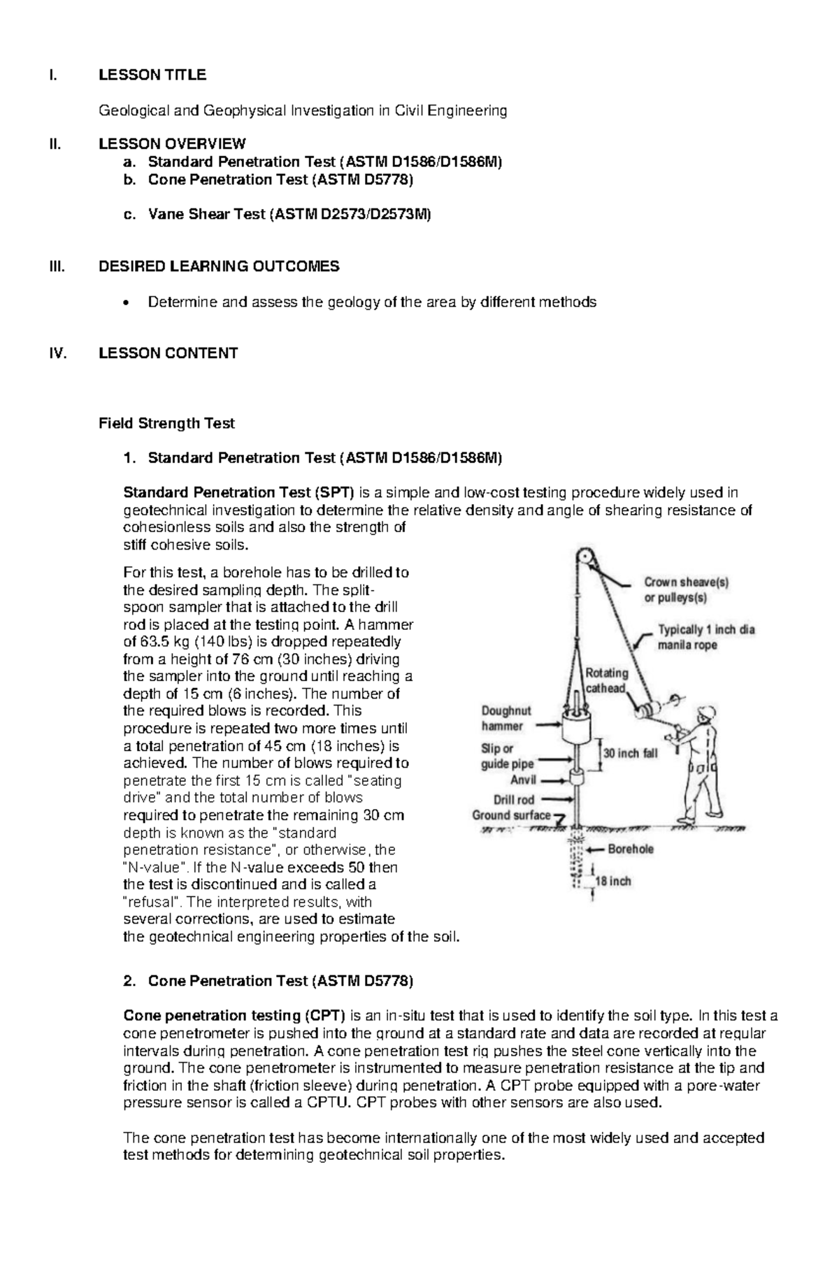 Standard Penetration Test (ASTM D1586 1586M) - I. LESSON TITLE ...