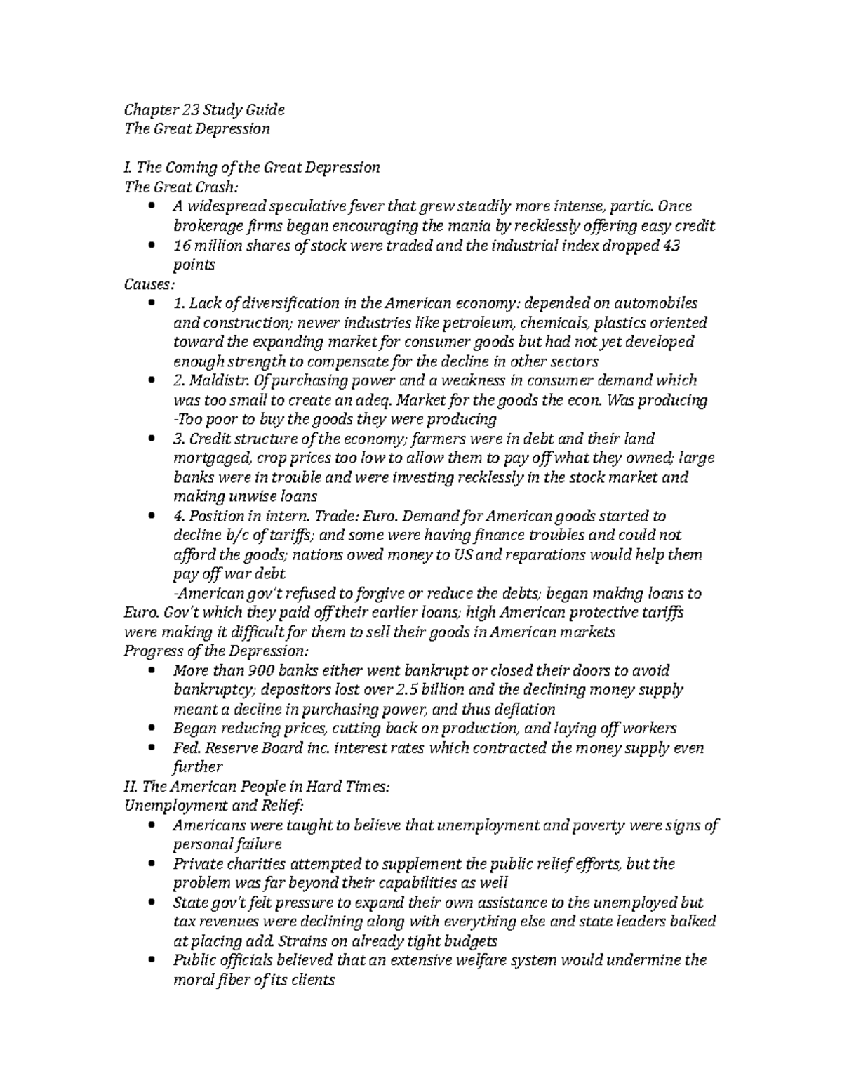 Chapter 23 study guide - Chapter 23 Study Guide The Great Depression I ...