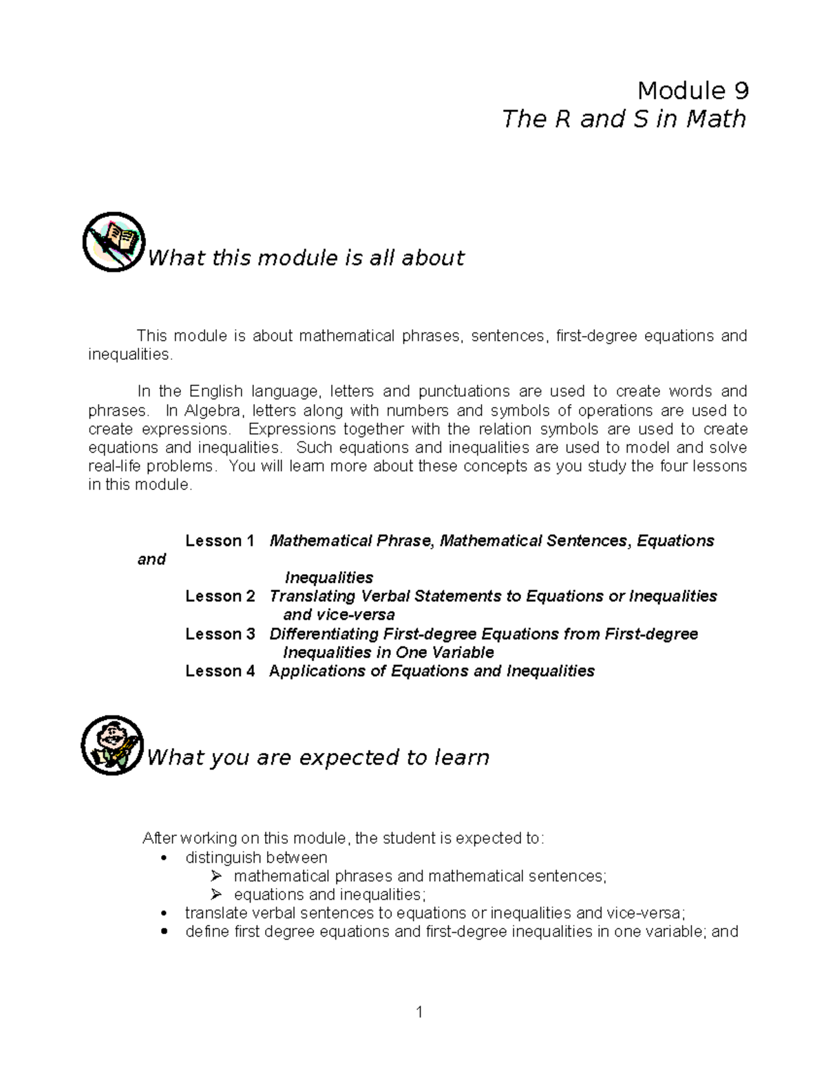 Module 9 - Math 9 - Module 9 The R and S in Math This module is about ...