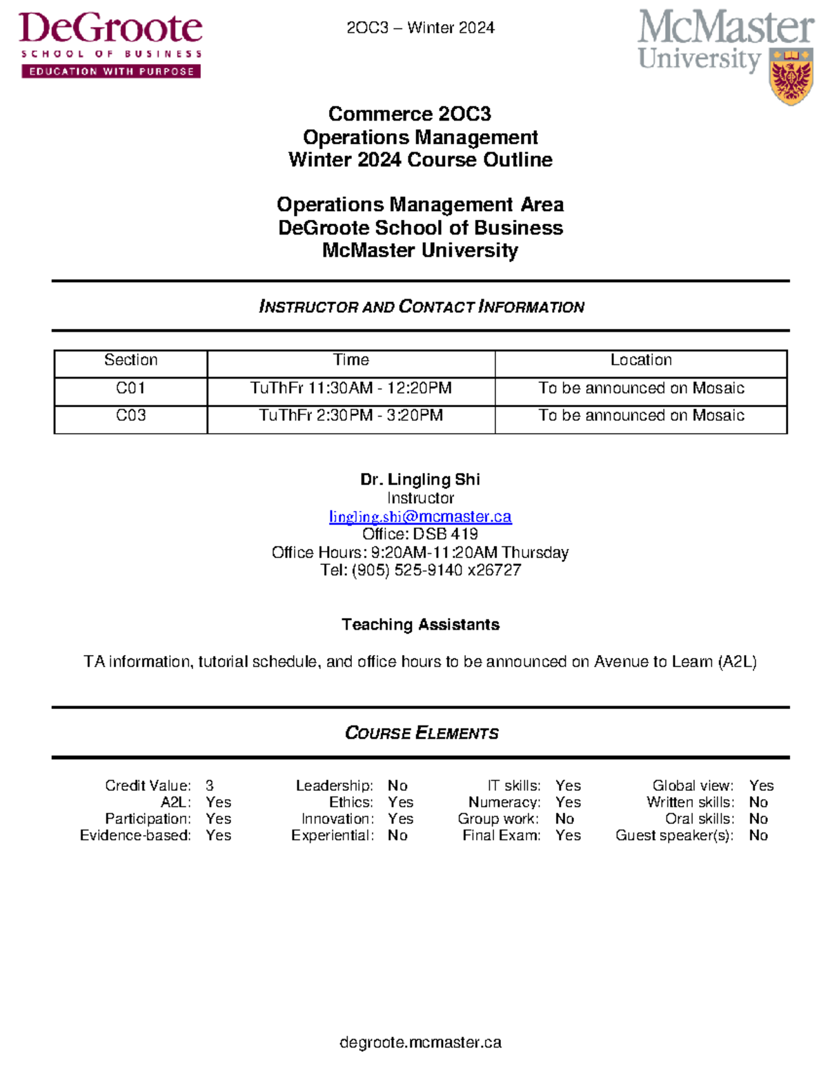 Course Outline 2OC3 W24 - Commerce 2OC Operations Management Winter ...