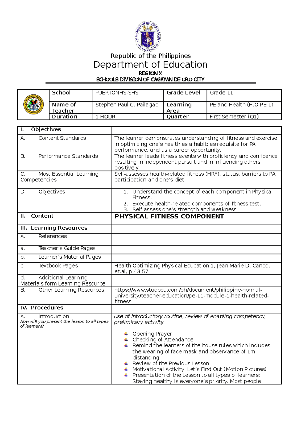 Lesson Exemplar IN PE01 - Republic of the Philippines Department of ...