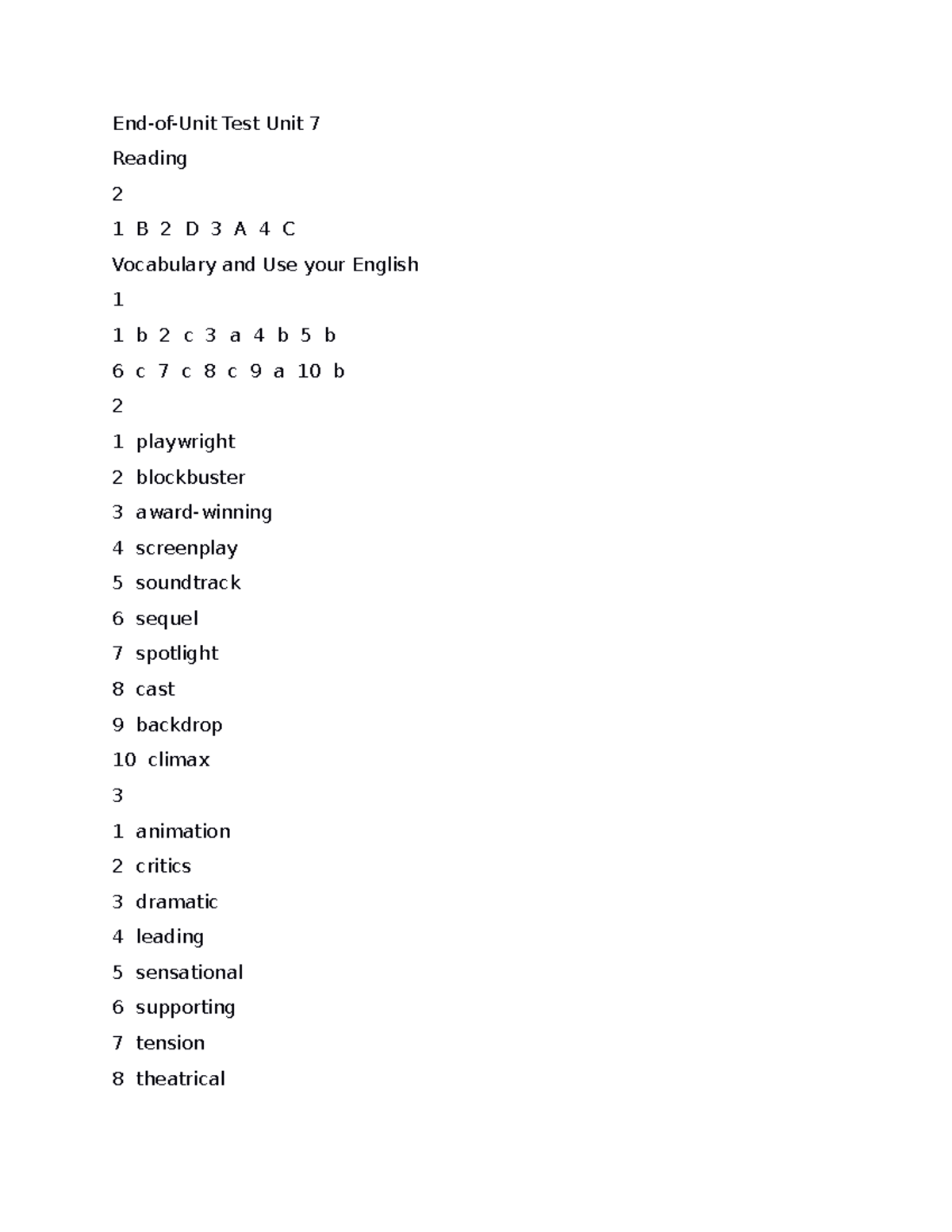 Unit 7, 8, Progress test 4 Key - End-of-Unit Test Unit 7 Reading 2 1 B ...