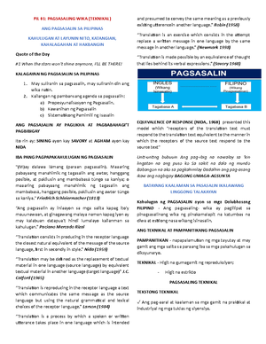 Pagsasaling wika reviewer - KAHULUGAN NG PAGSASALIN Ang pagsasalin ay ...