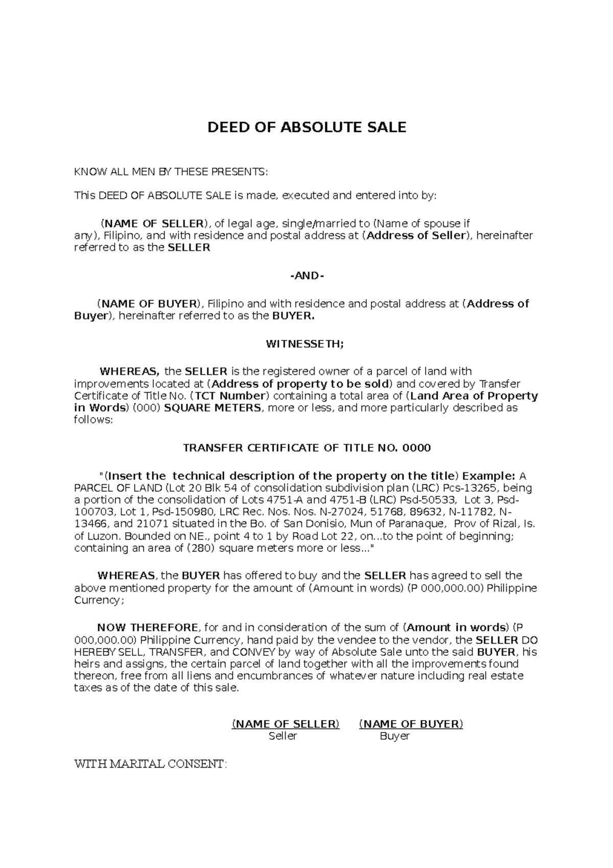 DEED OF Absolute SALE - Sample Format - DEED OF ABSOLUTE SALE KNOW ALL MEN BY THESE PRESENTS ...