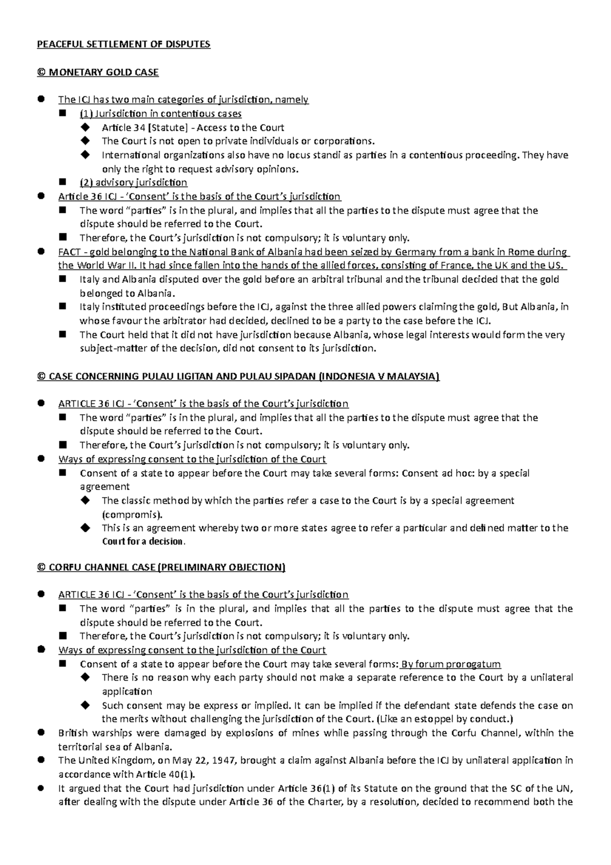 International LAW Cases - Peaceful Settlement OF Disputes - PEACEFUL ...