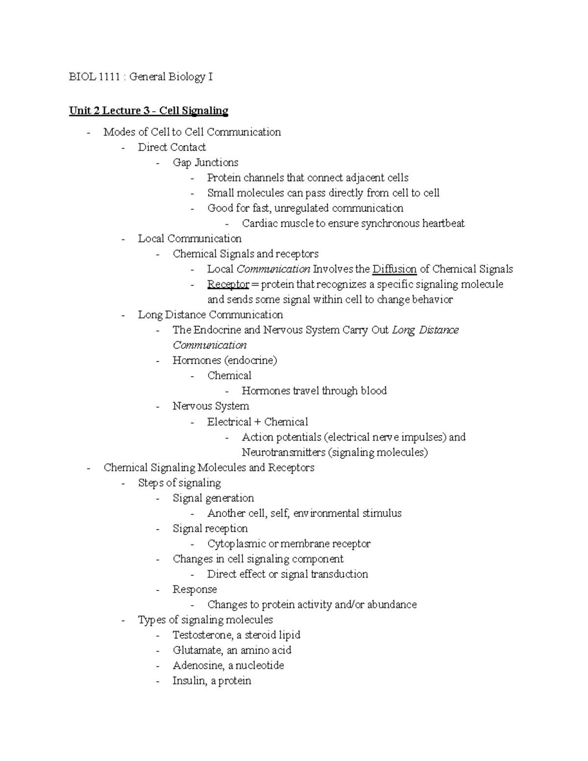 Unit 2 Lecture 3 - Cell Signaling - BIOL 1111 : General Biology I Unit ...