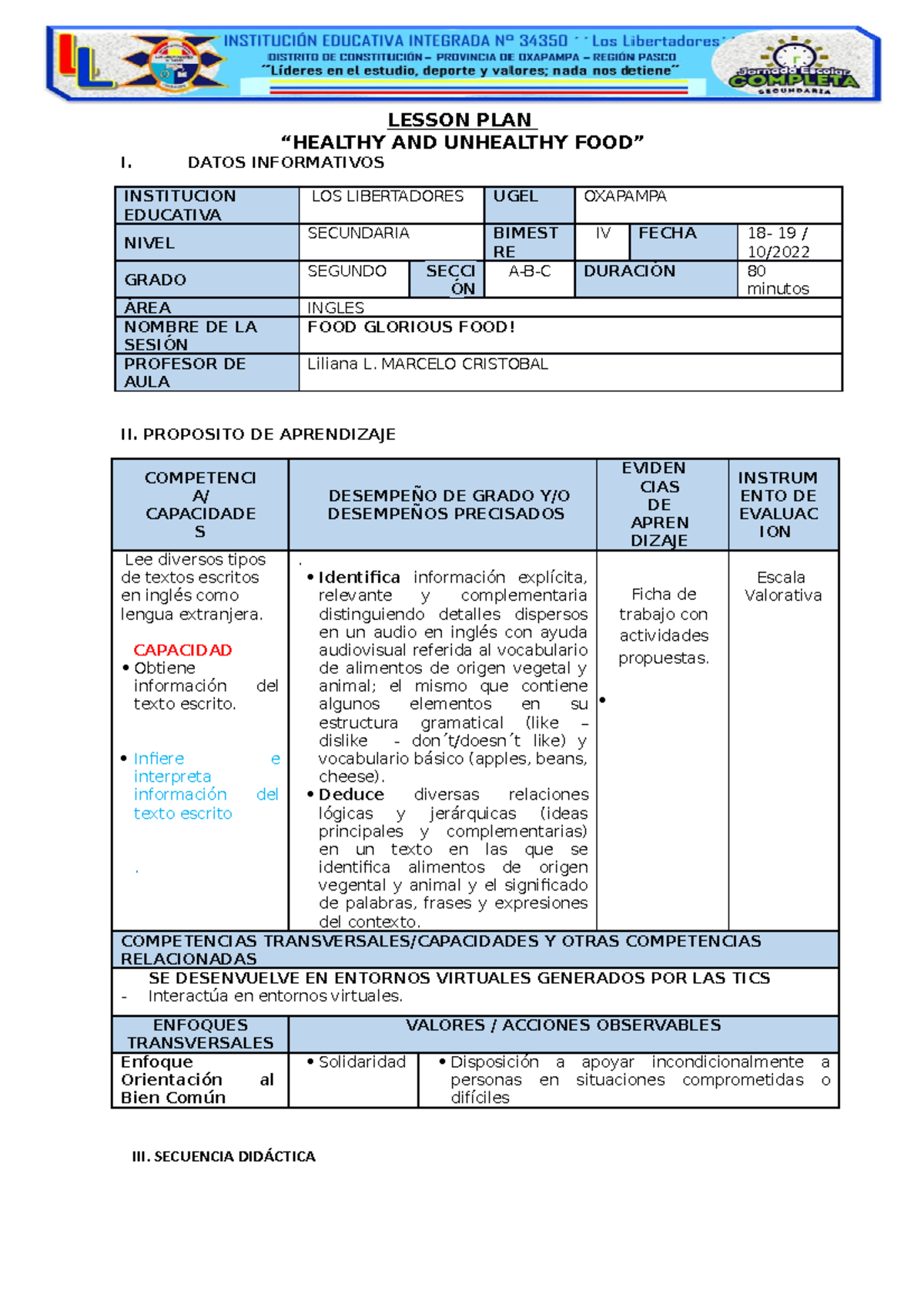 Lesson Plan 1 - ejemplos - LESSON PLAN “HEALTHY AND UNHEALTHY FOOD” I ...