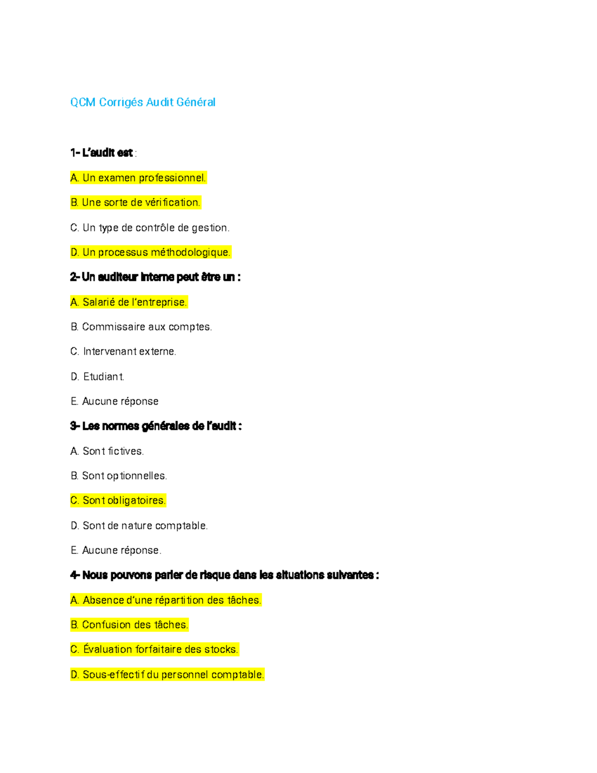 Audit Qcm corrigé - Examens corriges - QCM Corrigés Audit Général 1- L ...
