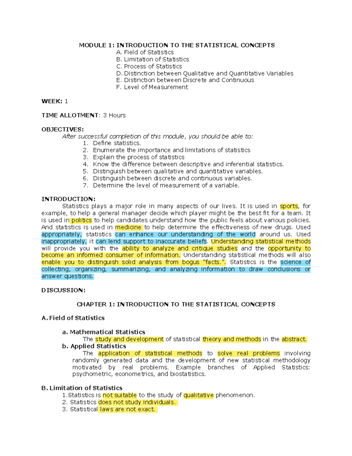 AEC 014 Module 1- statistical analysis - MODULE 1: INTRODUCTION TO THE ...