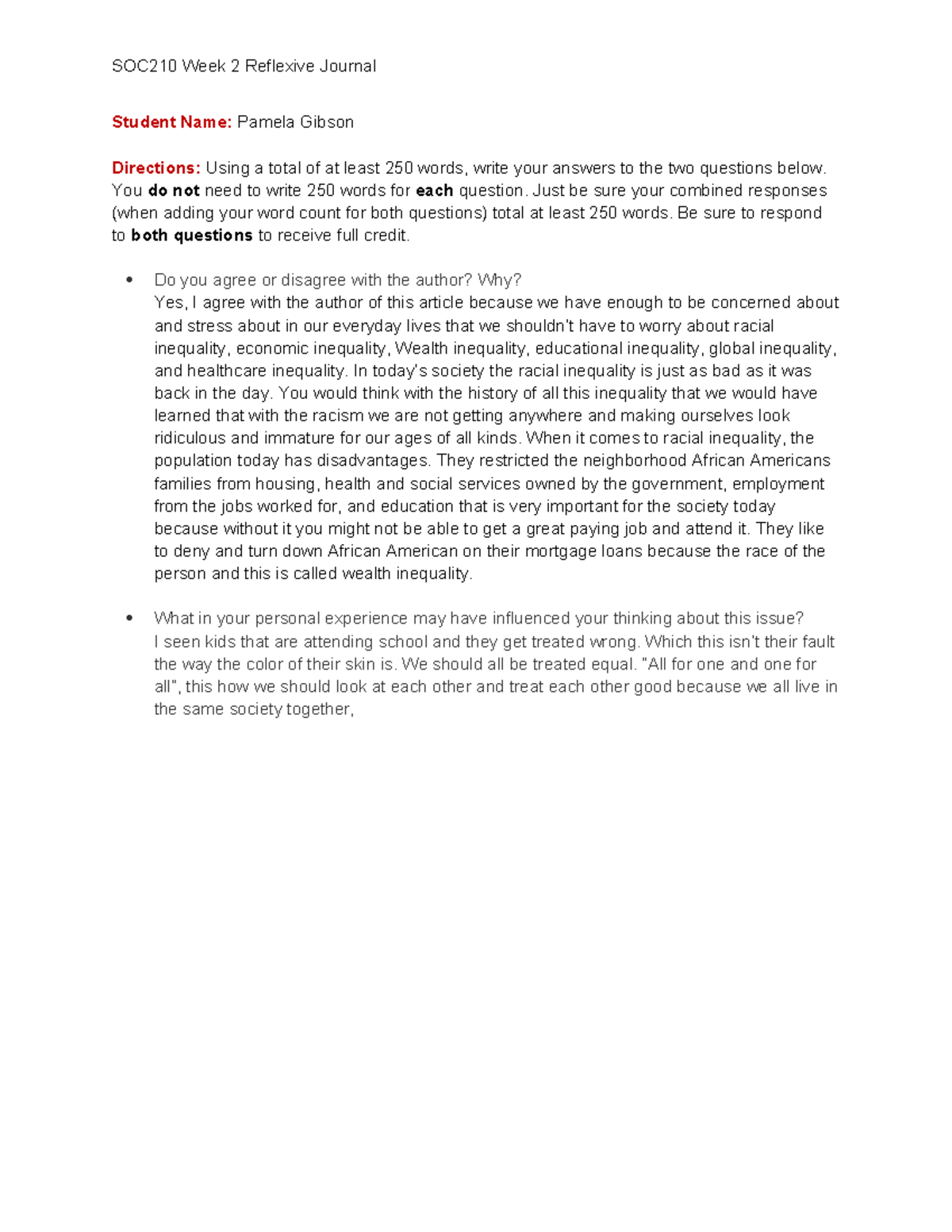 SOC210 Week4 Assignment Reflexive Journal - SOC210 Week 2 Reflexive Journal Student Name: Pamela ...