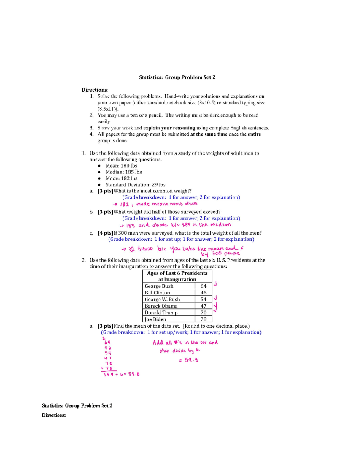 Math 142-Statistics Group Problem set 2 - Statistics: Group Problem Set ...