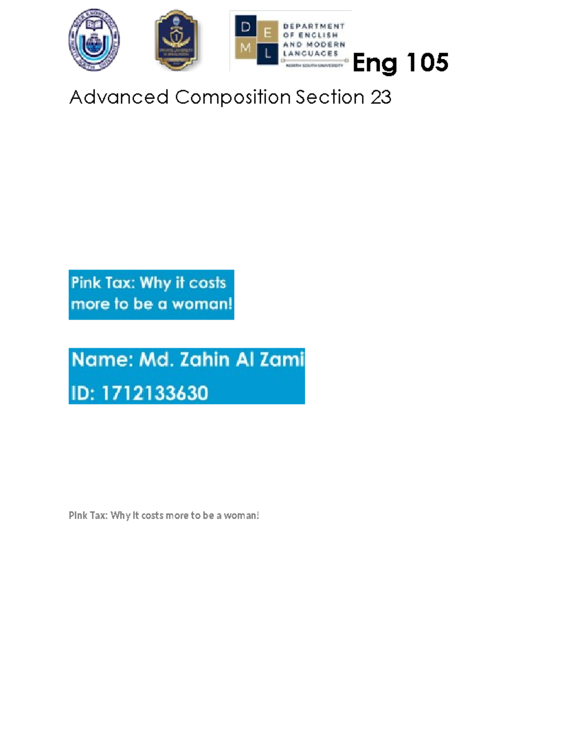 The Pink Tax Final - Eng 105 Advanced Composition Section 23 Date of Submission: 26 th September ...