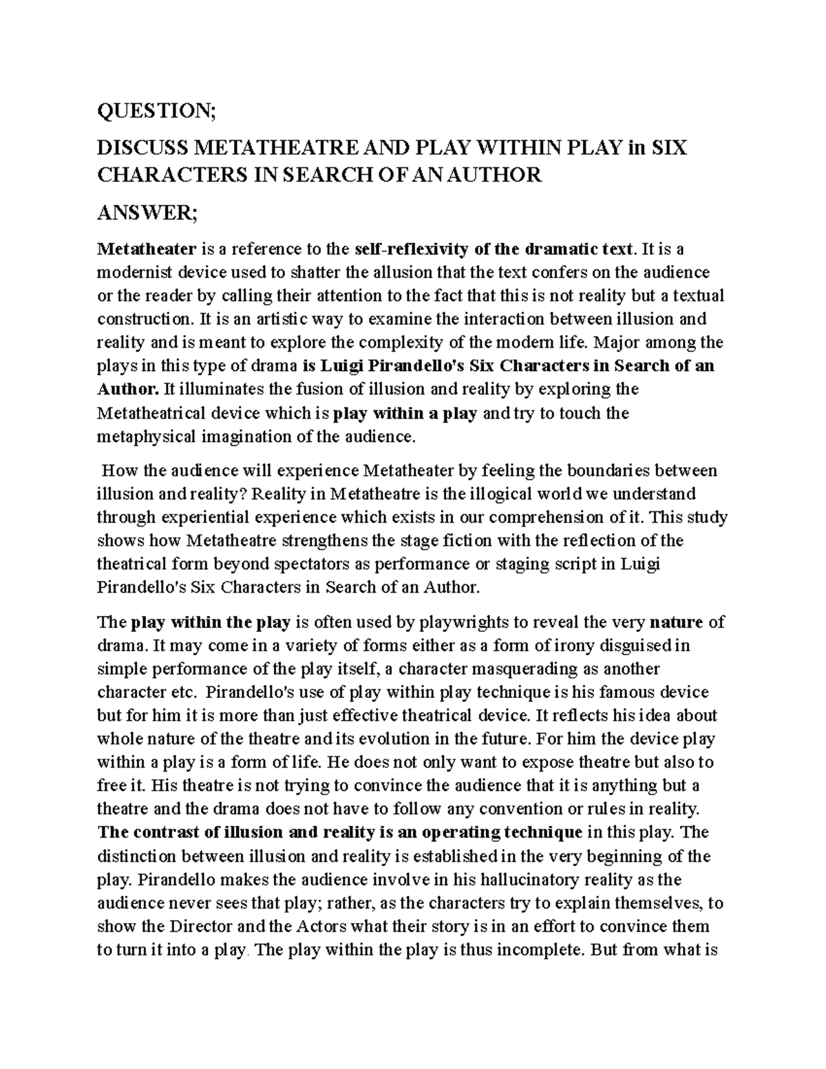 Discuss Metatheatre AND PLAY Within PLAY in SIX Characters IN Search OF ...